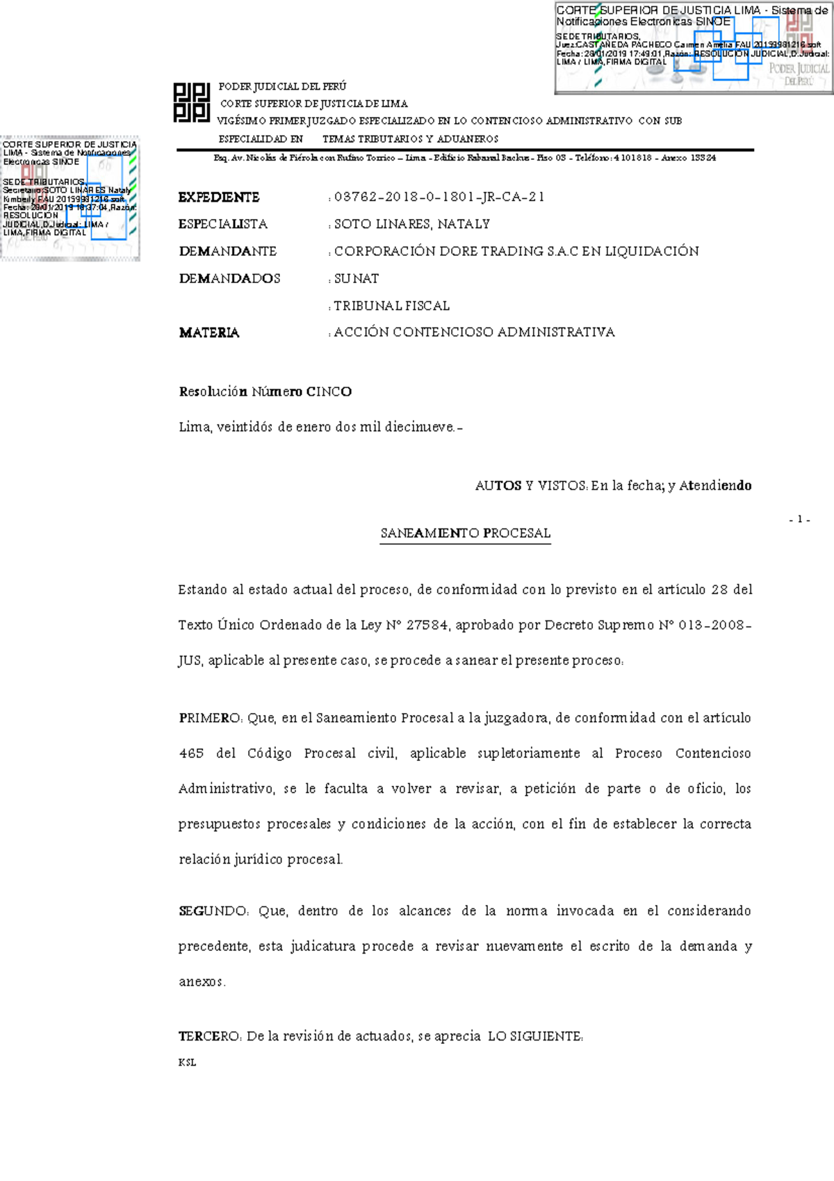 Res 2018 03762009 1053000028263 - VIGÉSIMO PRIMER JUZGADO ESPECIALIZADO ...