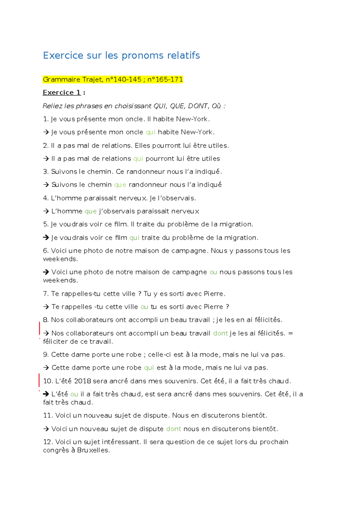 Ex pronoms relatifs - Exercice sur les pronoms relatifs Grammaire ...