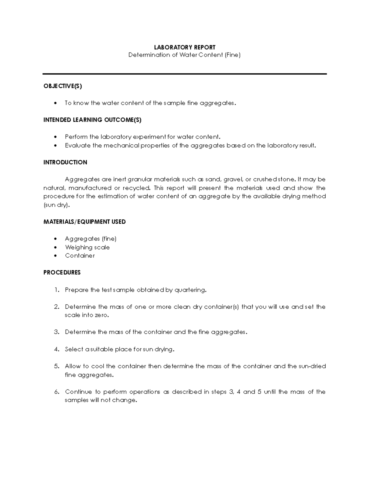Lab Report Determination of Water Content (Fine) - LABORATORY REPORT ...