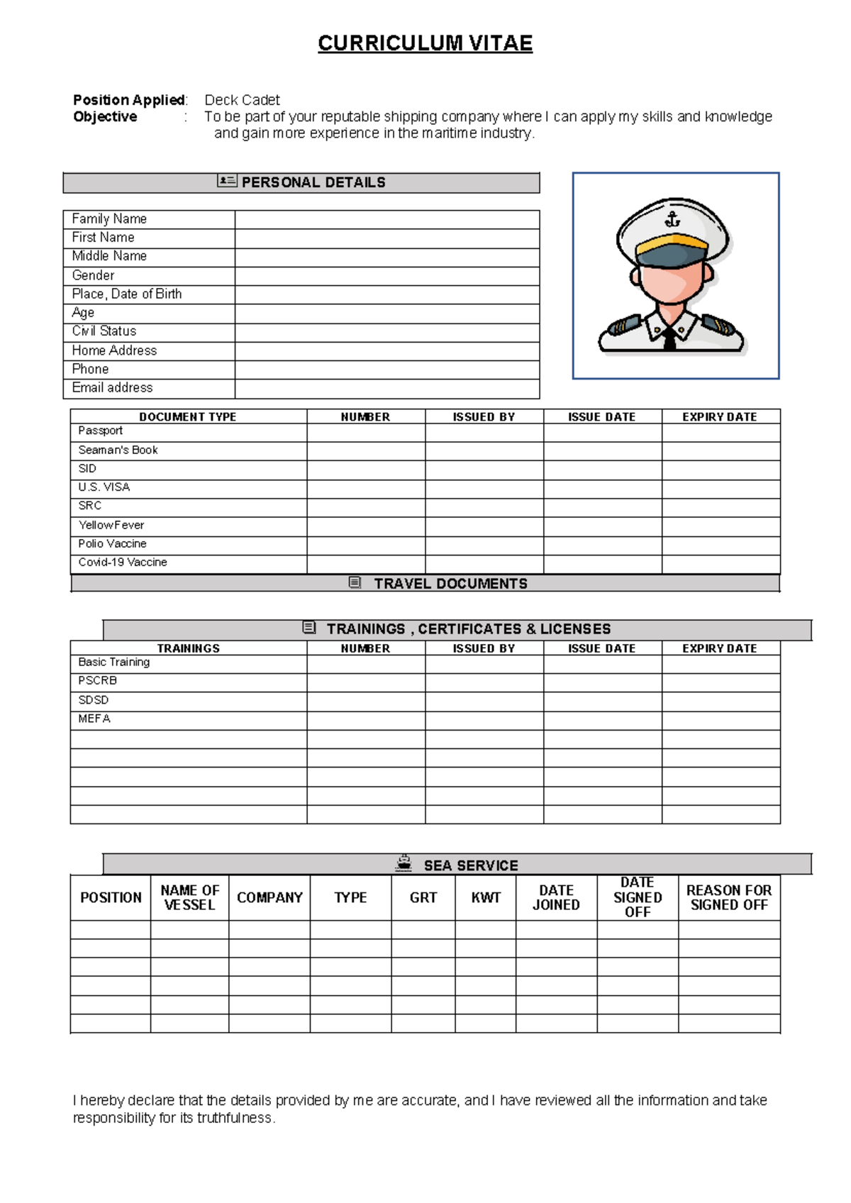 Seafarer Resume CV - N/A - CURRICULUM VITAE Position Applied: Deck ...