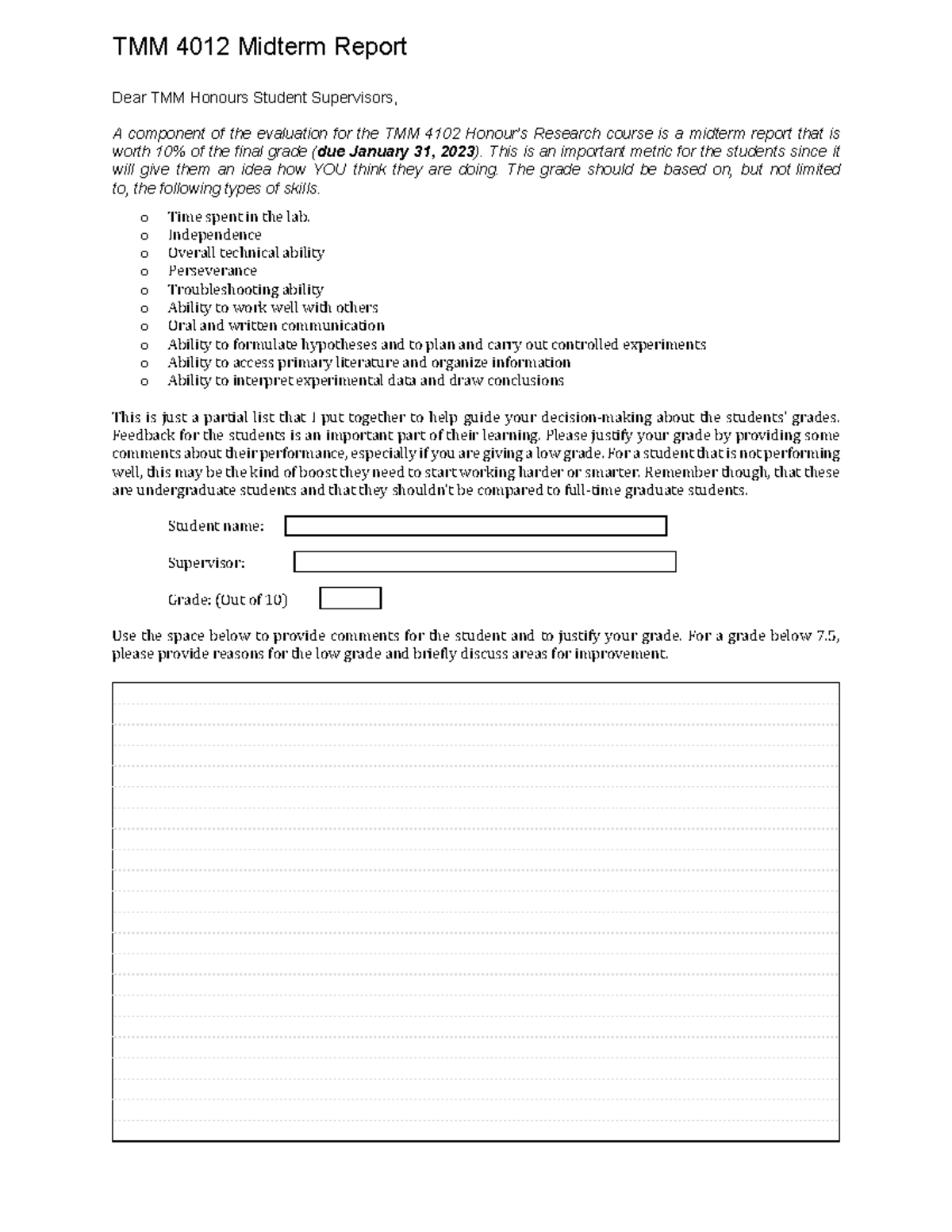 TMM Honours Midterm Report Form - Fillable - TMM 4012 Midterm Report ...