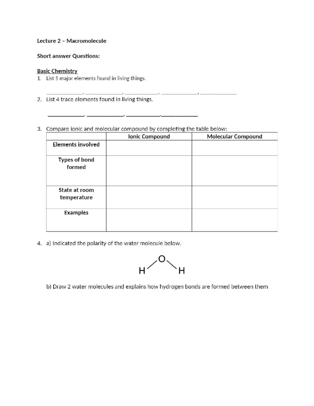 L2 exercise - Lecture 2 Macromolecule Short answer Questions: Basic ...
