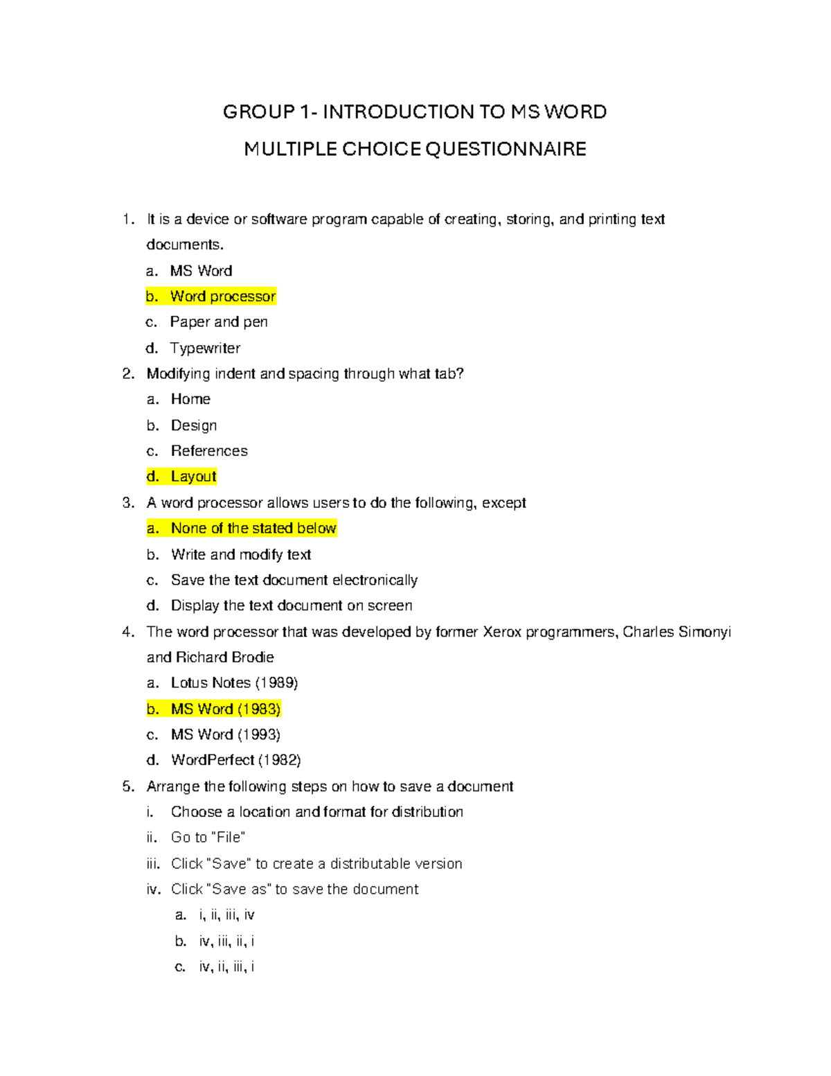 GRP-1-MCQ - activity - GROUP 1- INTRODUCTION TO MS WORD MULTIPLE CHOICE ...