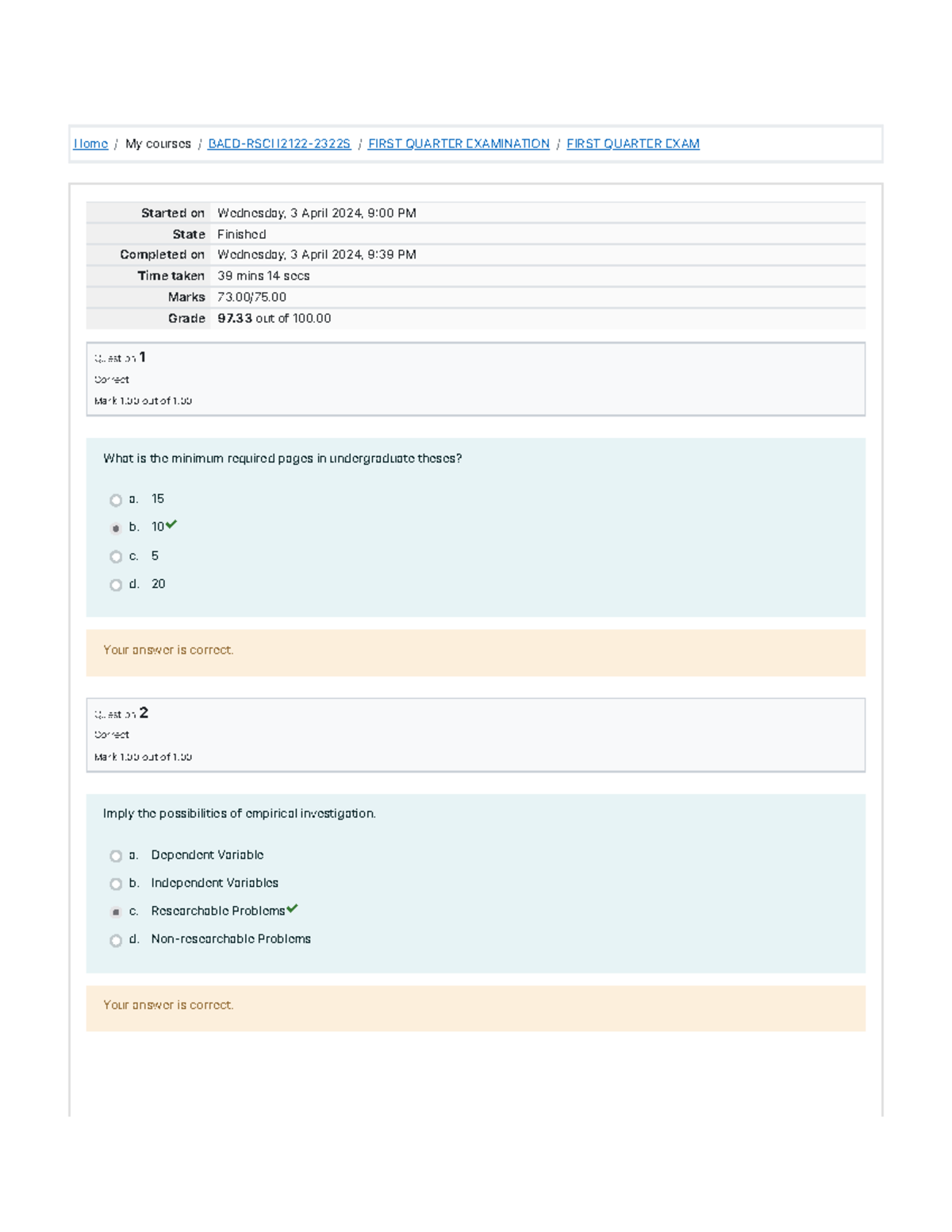 First Quarter EXAM Attempt review - Home / My courses / BAED-RSCH2122 ...
