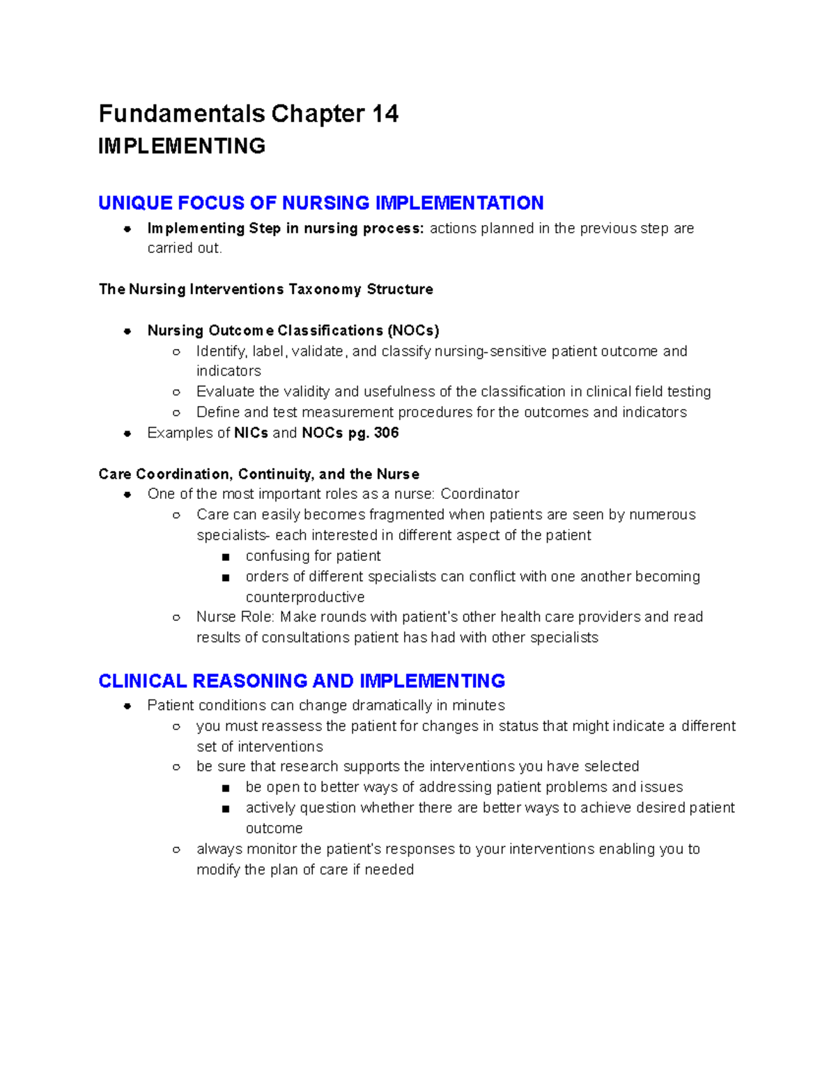 Fundamentals Chapter 14 - The Nursing Interventions Taxonomy Structure Nursing Outcome - Studocu