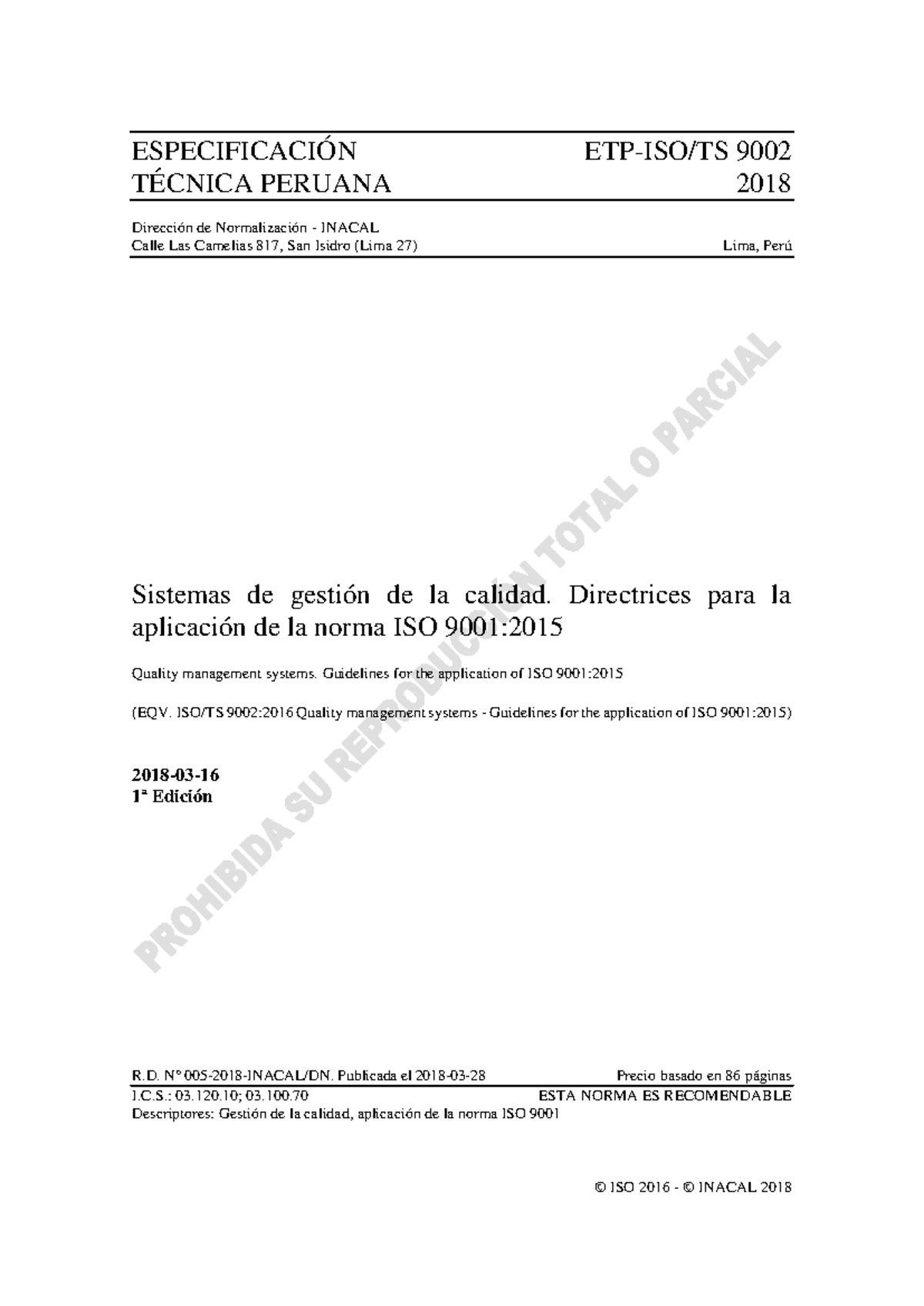 Inacal-CTN24 N0019 ETP- Isots 90022018 Sistemas de gestin - © ISO 2016 ...