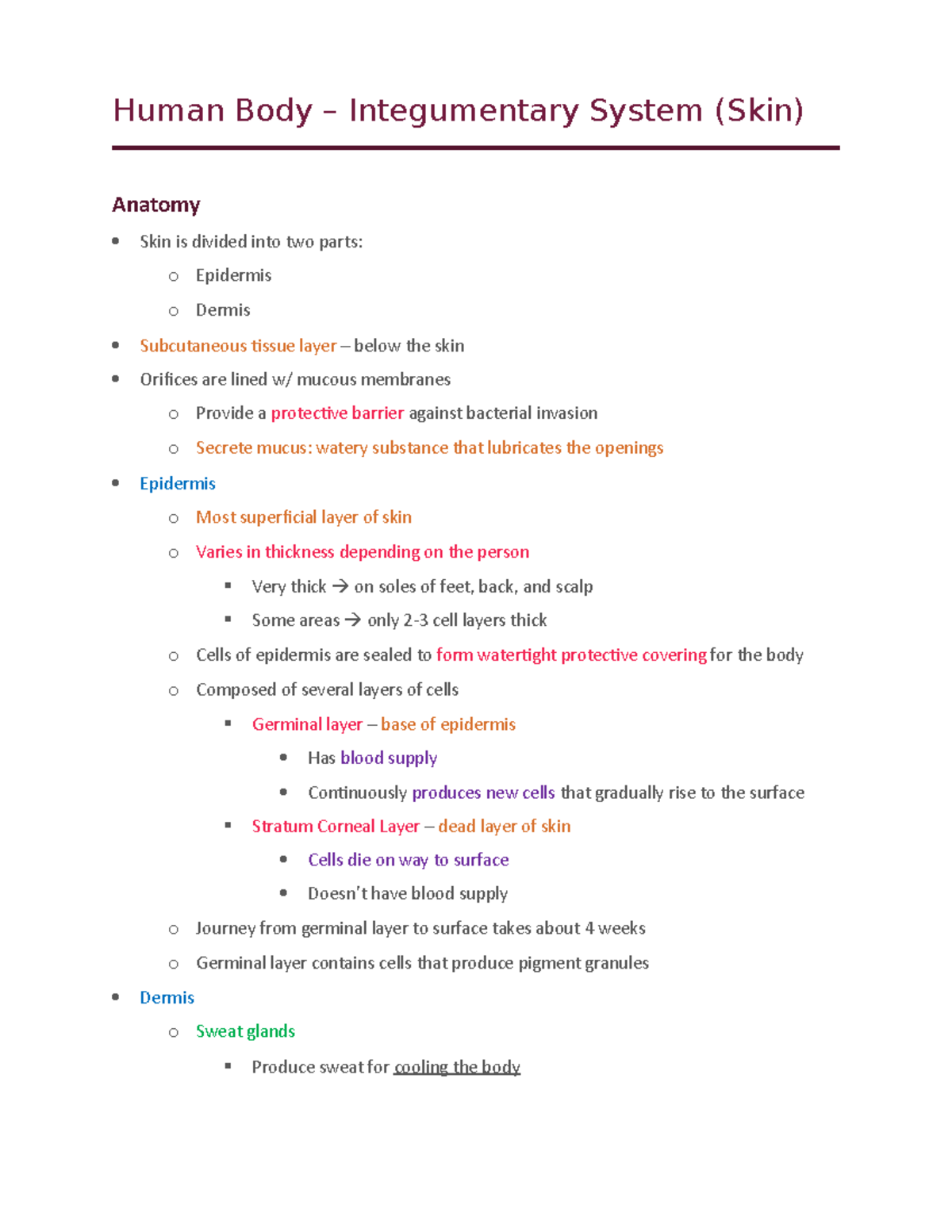 Integumentary System - RC Health Services Book Notes - Human Body ...