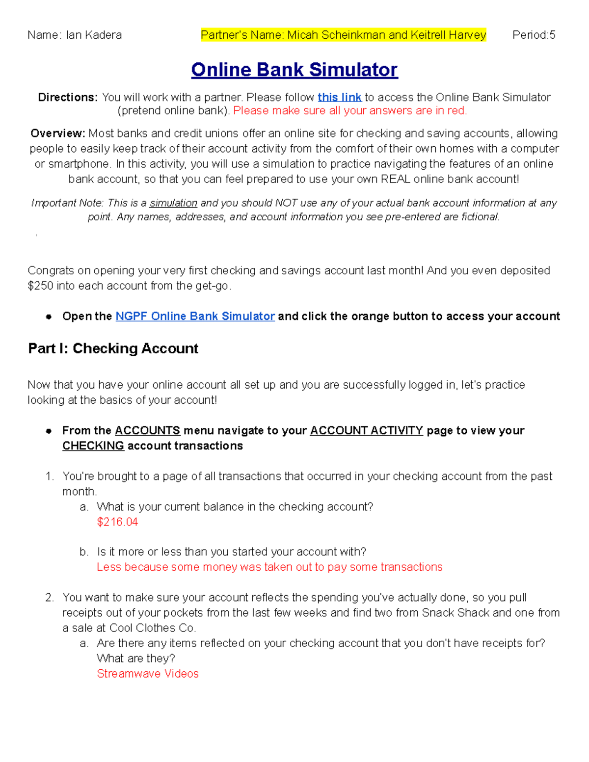 Online Banking - Simulator - Name: Ian Kadera Partner’s Name: Micah ...