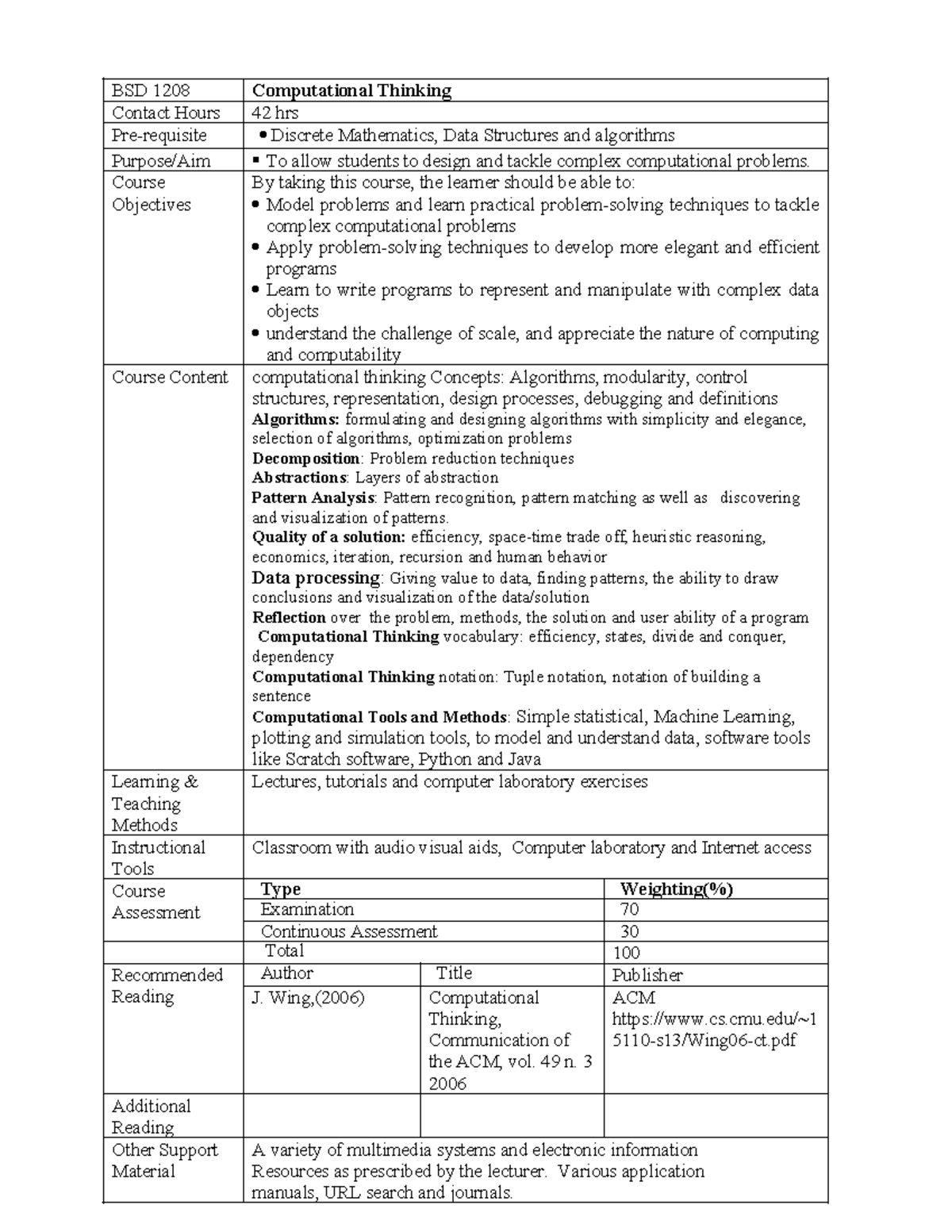 Course Outline - BSD 1208 Computational Thinking Contact Hours 42 hrs ...