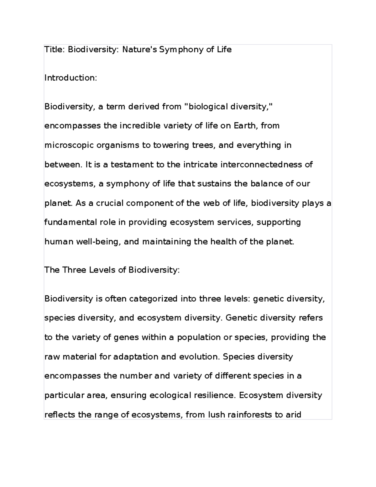 Biodiversity - example of essay on bio. - Title: Biodiversity: Nature's ...