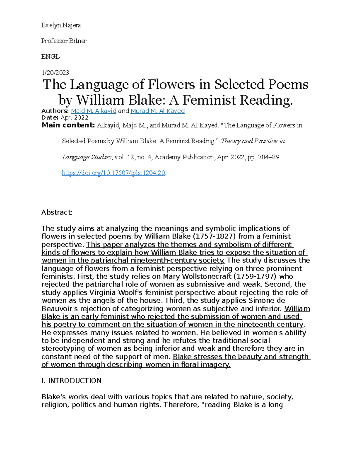 Language of Flowers in Selected Poems by William Blake - Authors: Majd ...