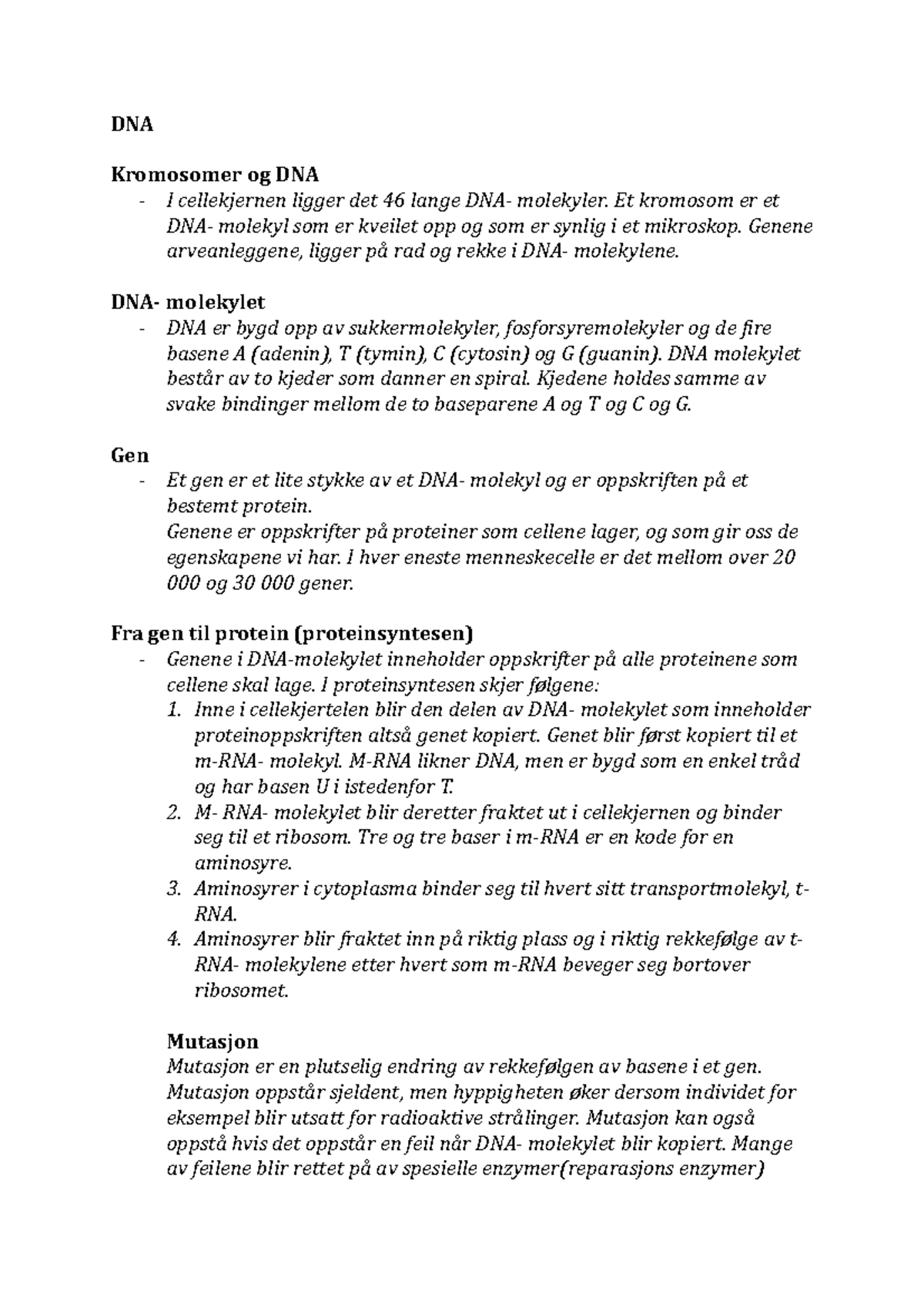 Arv og gener prøve - DNA Kromosomer og DNA - I cellekjernen ligger det ...