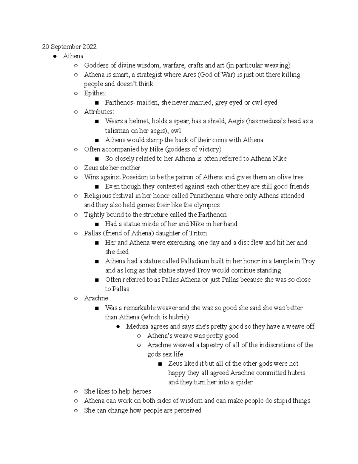 Greek Mythology Notes 8-2 - 20 September 2022 Athena Goddess of divine ...
