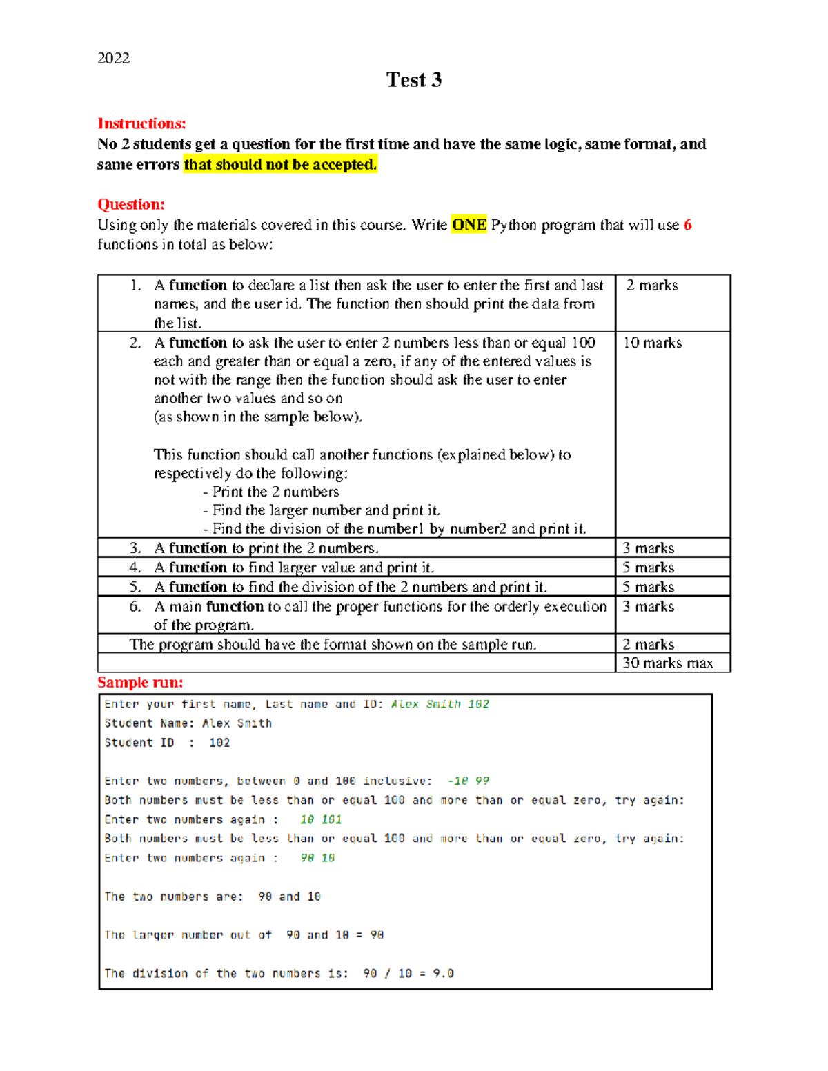 Test 3 - very useful - 2022 Test 3 Instructions: No 2 students get a ...
