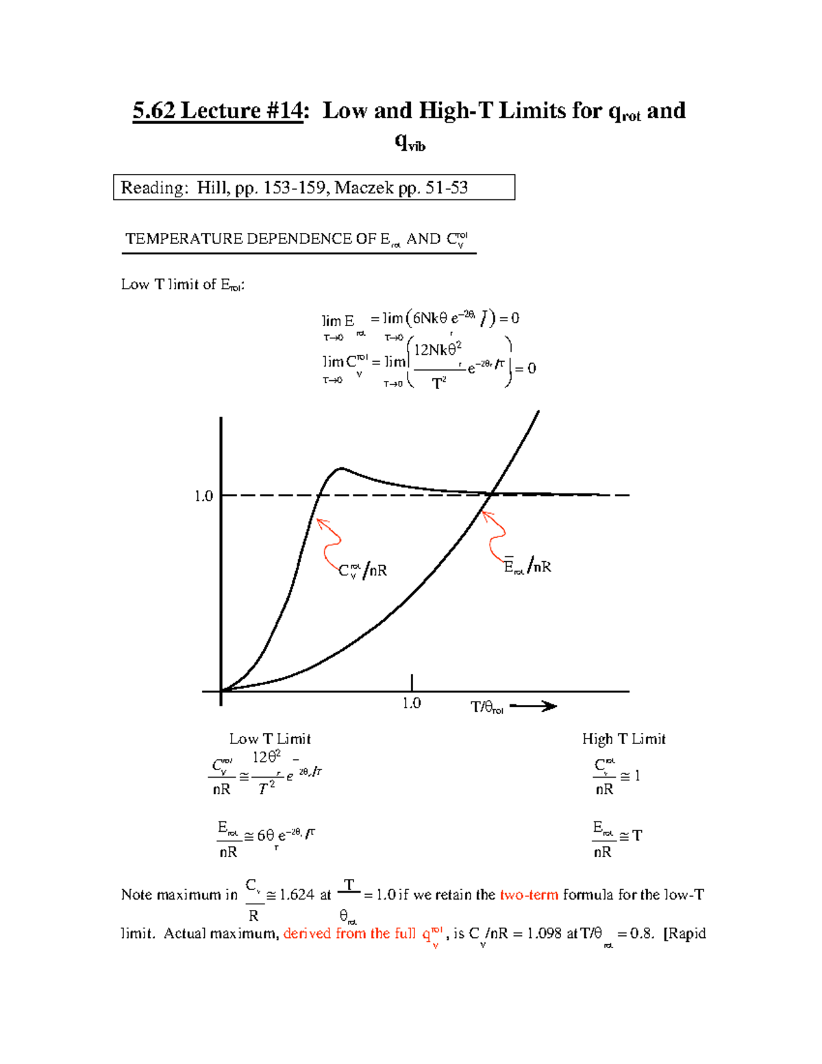 Low and high-T limits for qrot and qvib - V Reading: Hill, pp. 153-159 ...