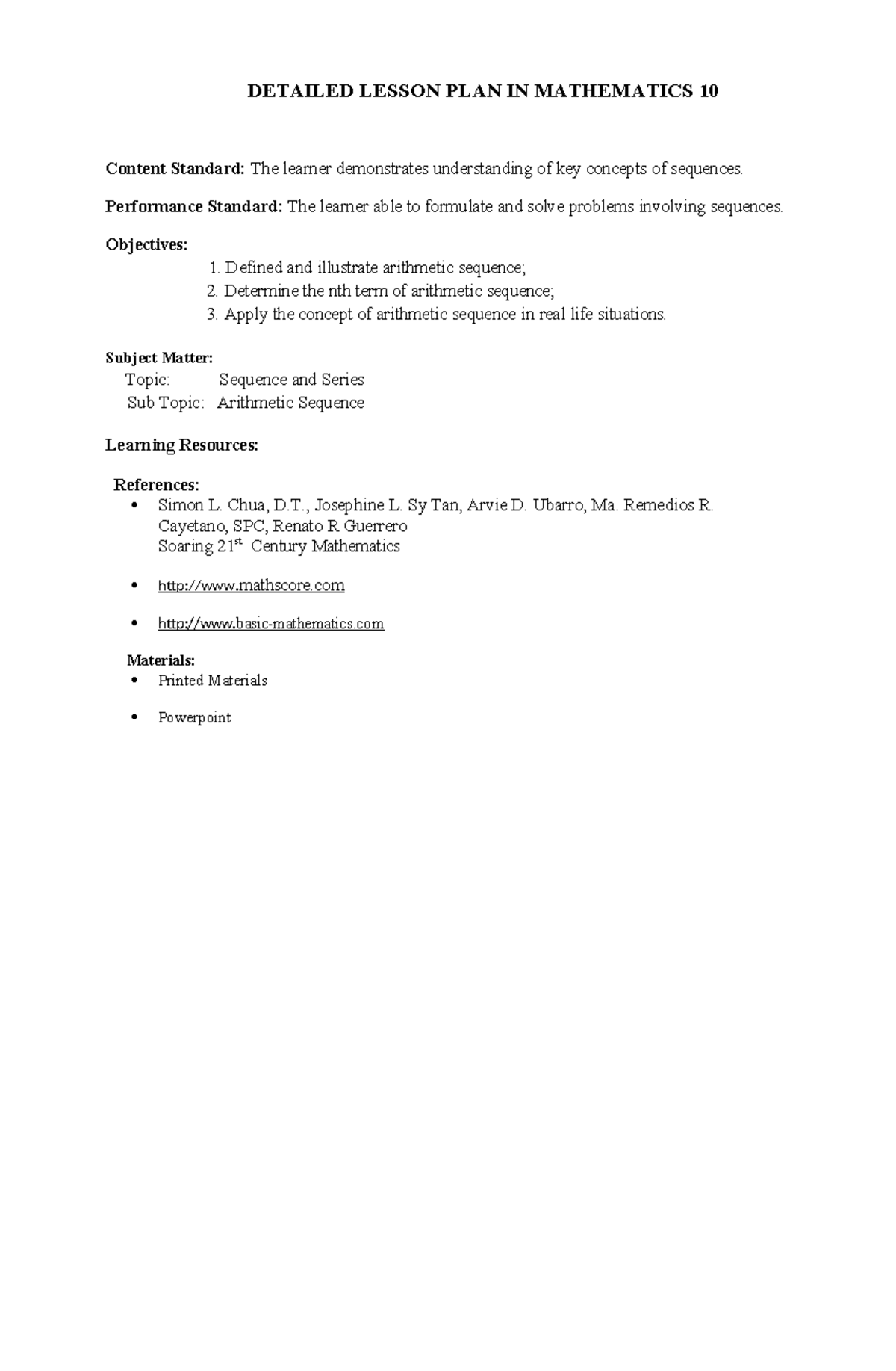 Q3 dlp Sequence and Series - DETAILED LESSON PLAN IN MATHEMATICS 10 ...