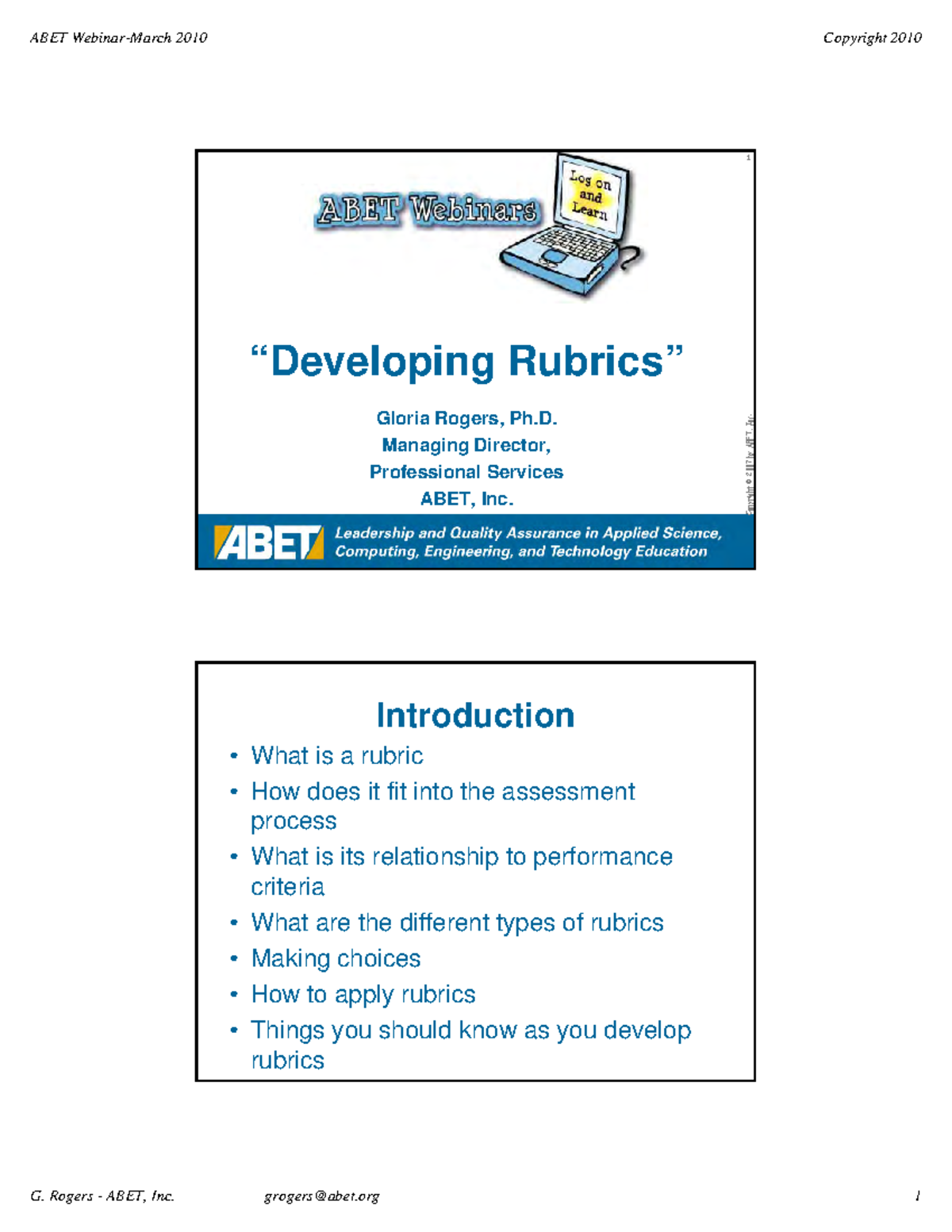 Developing Rubrics in Engineering -ABET - 1 , Inc. “Developing Rubrics ...