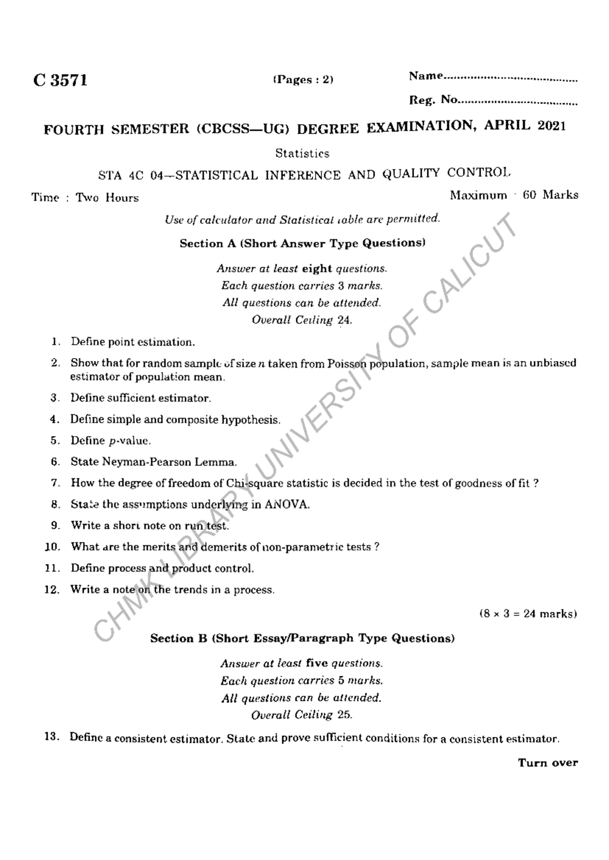 STA4C04 Statistical Inference AND Quality Control - 2021 Question Paper - C 3571 (Pages : 2 ...