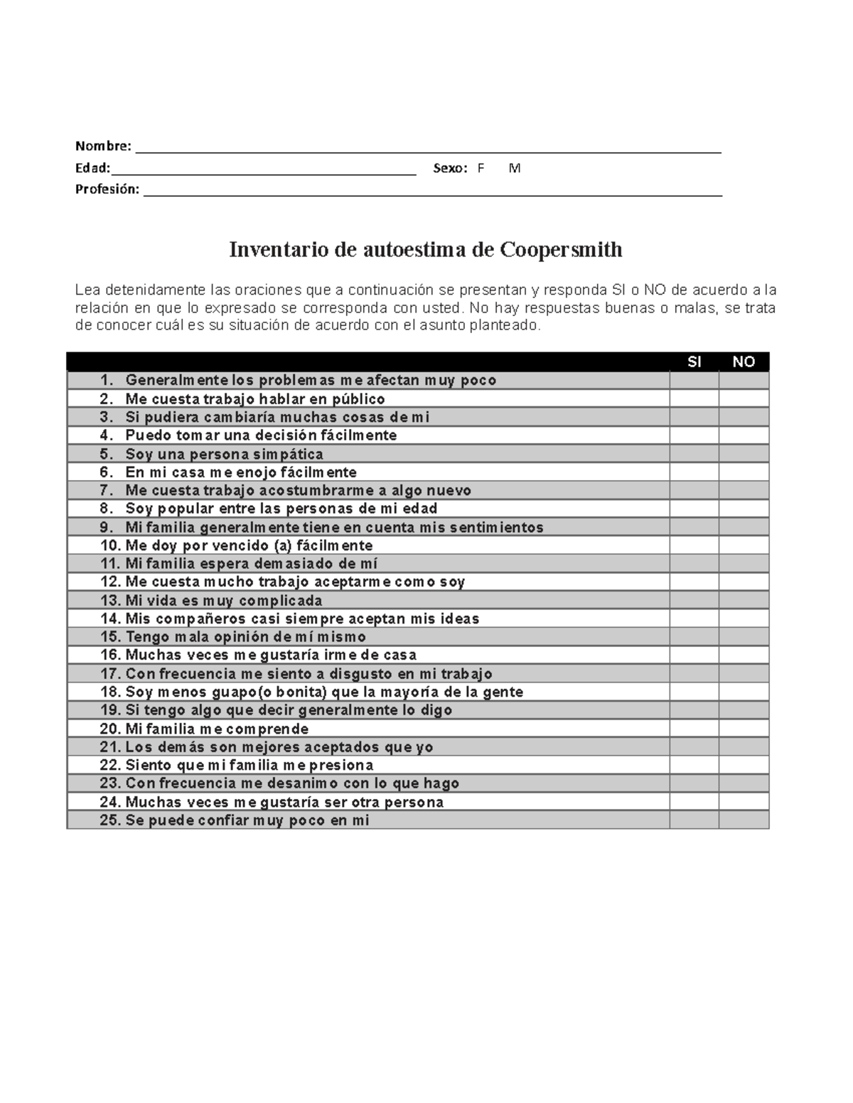 Autoestima-de-Coopersmith - Nombre: - Studocu