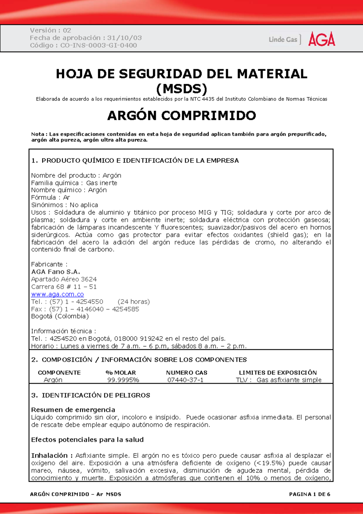 HOJA DE Seguridad DEL Argon - HOJA DE SEGURIDAD DEL MATERIAL (MSDS ...
