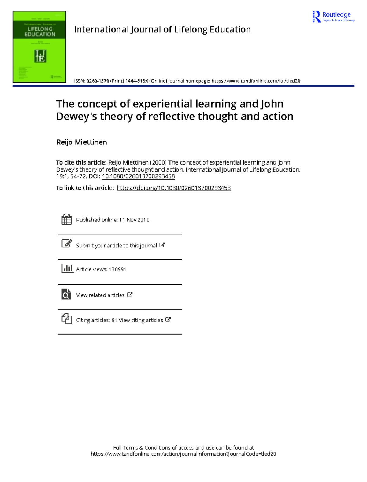 The concept of experiential learning and John Dewey s theory of ...