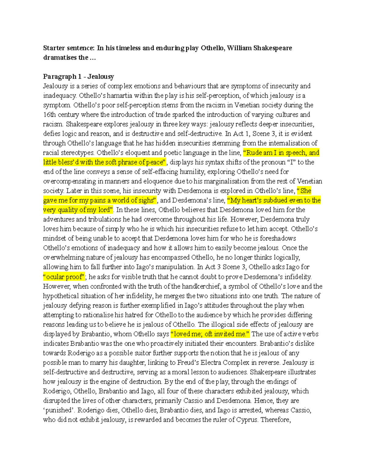 Othello Essay - Starter sentence: In his timeless and enduring play ...