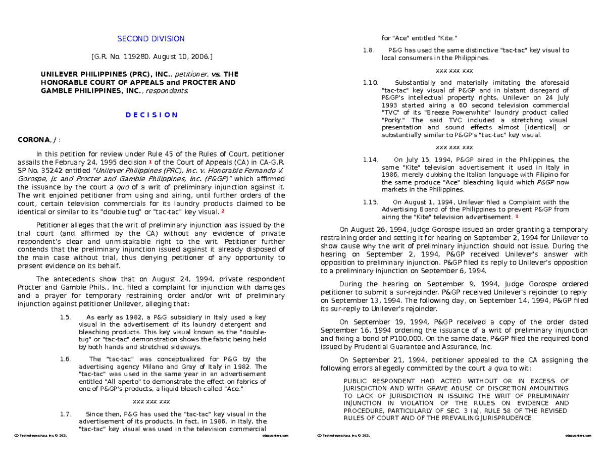 9. G.R. No. 119280 - Unilever Phil. (PRC), Inc. v. Court of Appeals ...