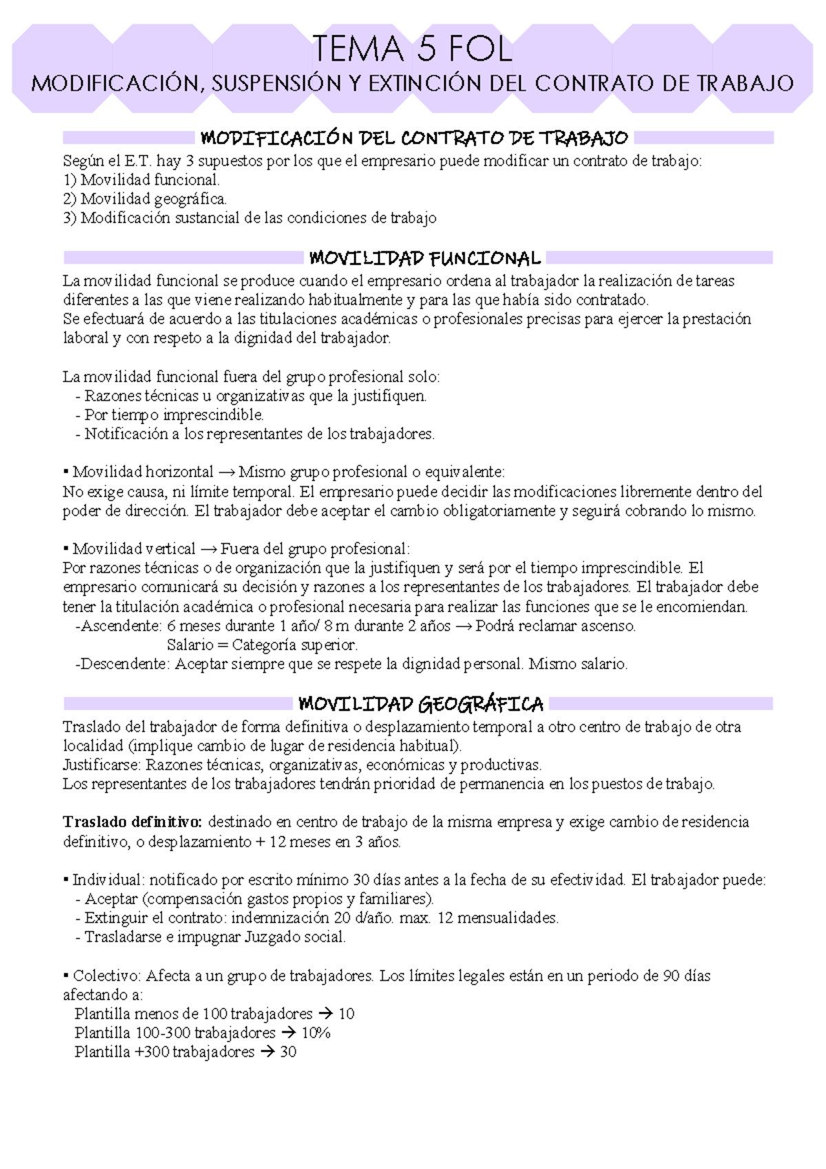 TEMA 5 FOL - Tema 5 fol - MODIFICACIÓN DEL CONTRATO DE TRABAJO Según el E. hay 3 supuestos por ...
