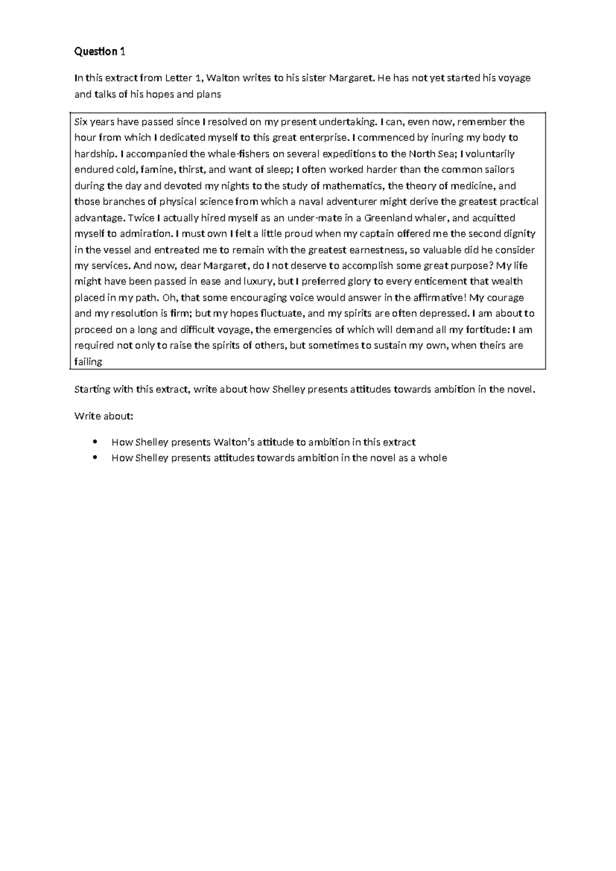 Frankenstein extract questions - In this extract from Letter 1, Walton ...