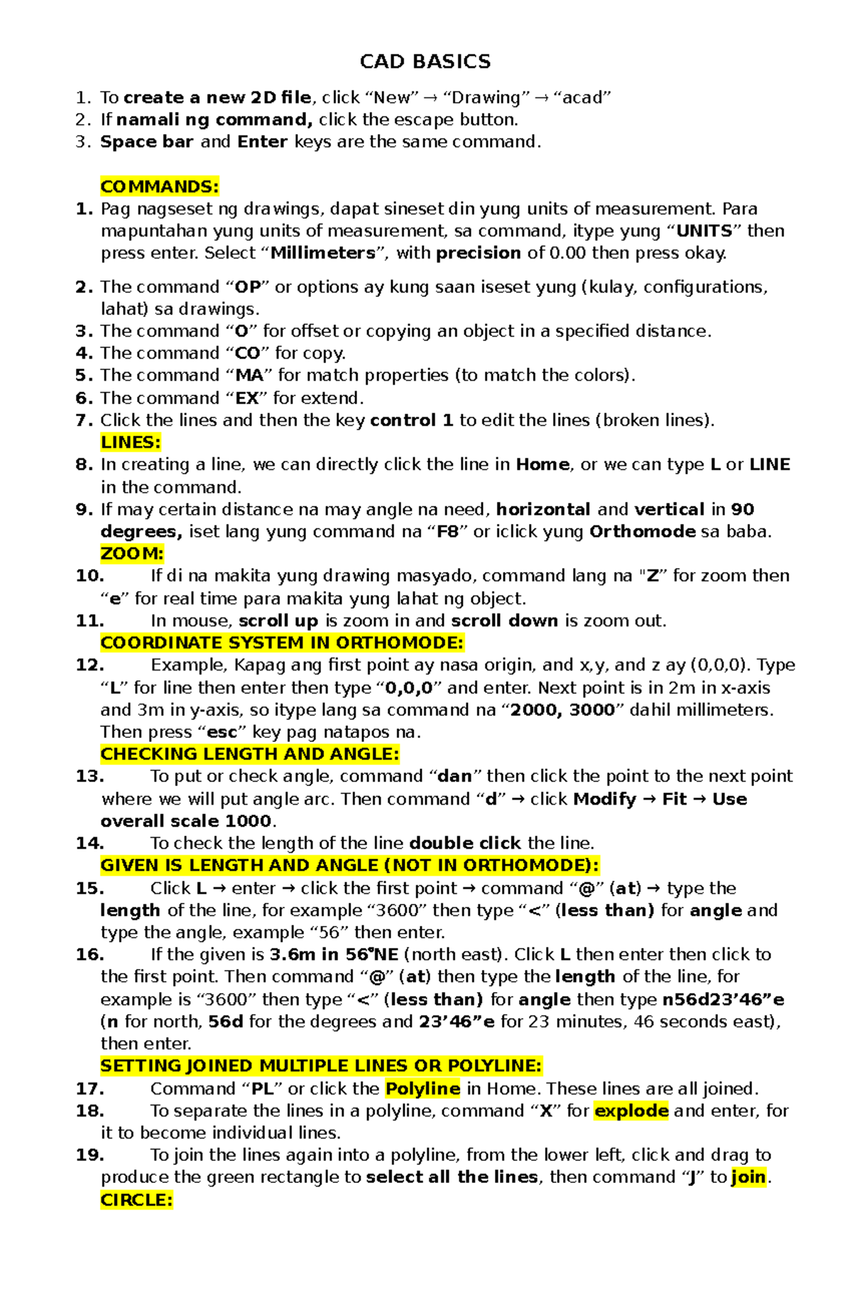 Lesson 1 - CAD Basic Commands - CAD BASICS To create a new 2D file ...