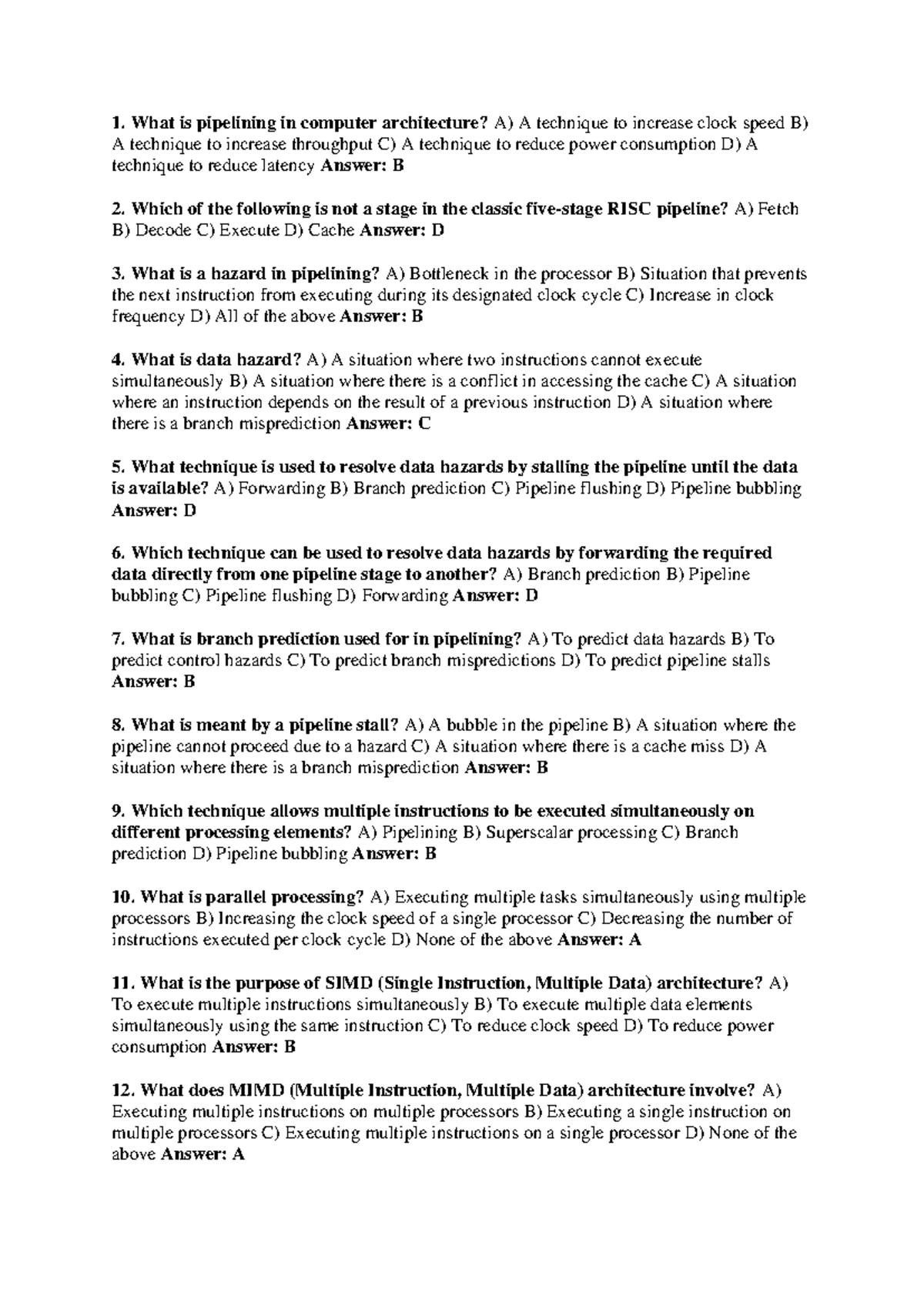 COA practice set - What is pipelining in computer architecture? A) A ...
