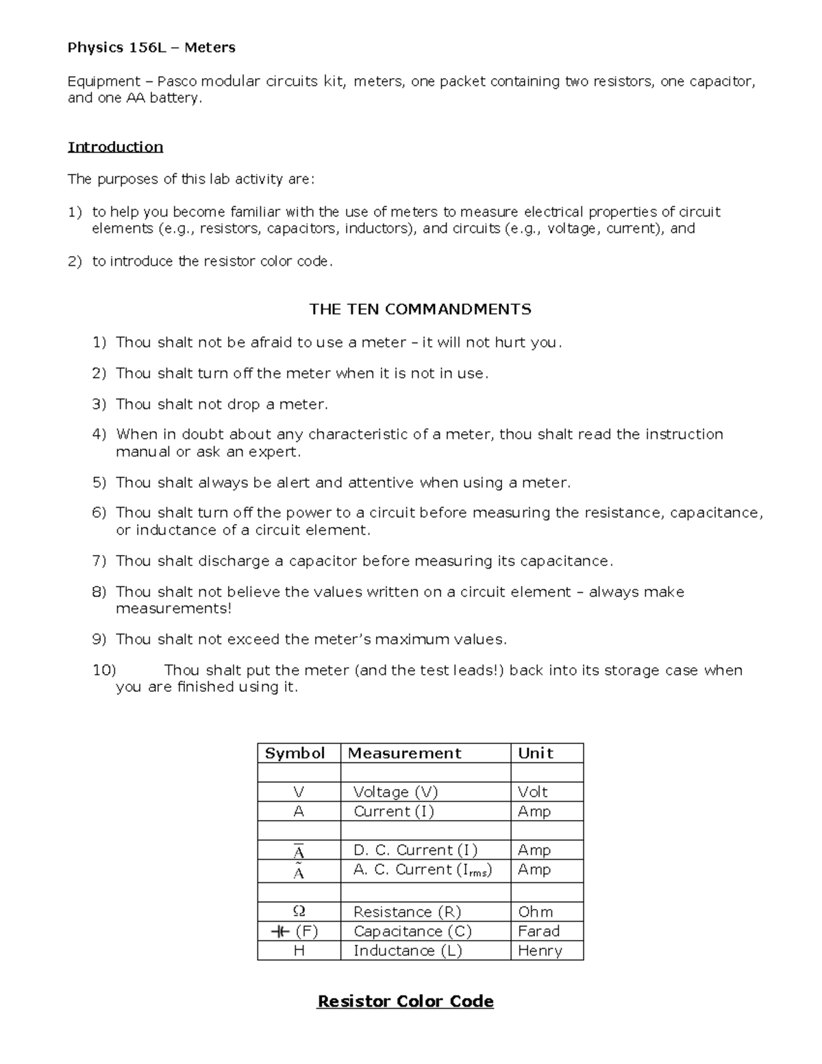P106L Meters - Lab instruction - Physics 156L – Meters Equipment ...
