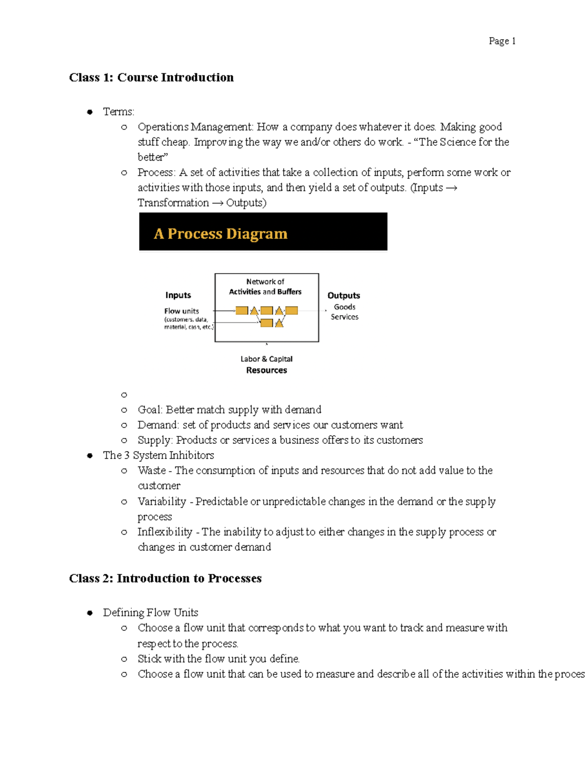OM Exam 1 study guide - Class 1: Course Introduction Terms: Operations ...