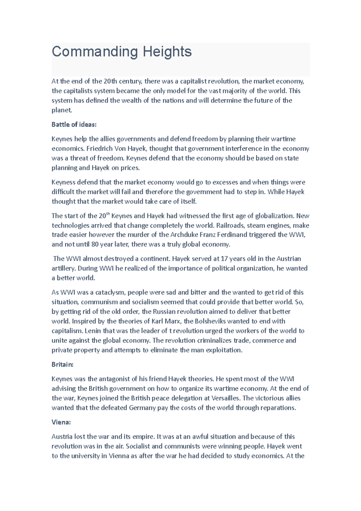 Commanding Heights - resumen documental - Commanding Heights At the end ...