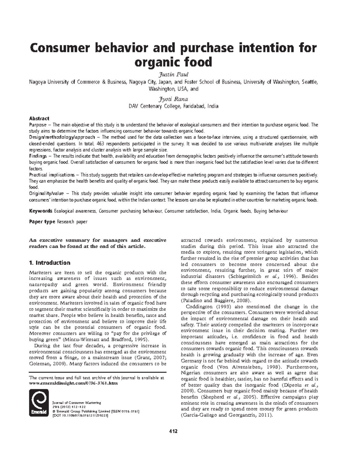 Consumer behavior and purchase intention for organic food - Consumer ...