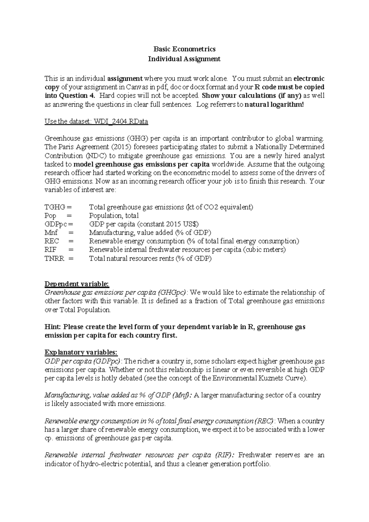 Indiv Home Assignment ECON1066 2410 - Basic Econometrics Individual Assignment This is an ...