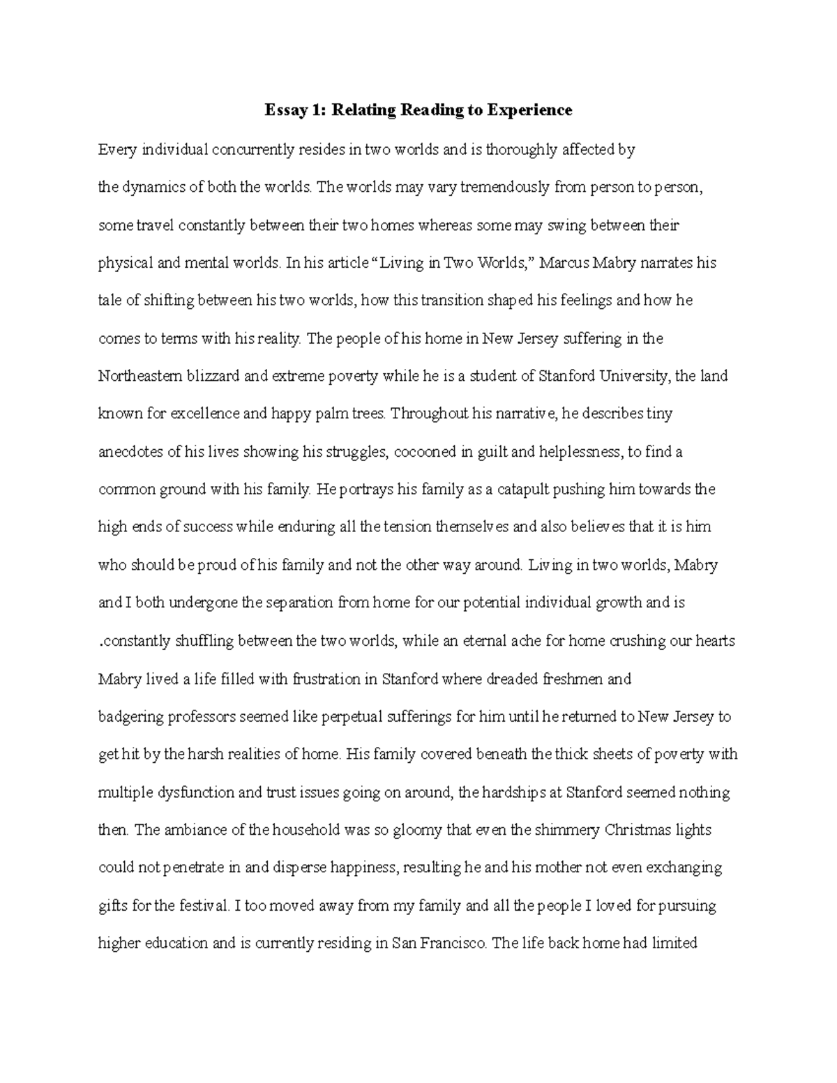 First Draft Essay 1 Relating Reading to Experience - Essay 1: Relating ...