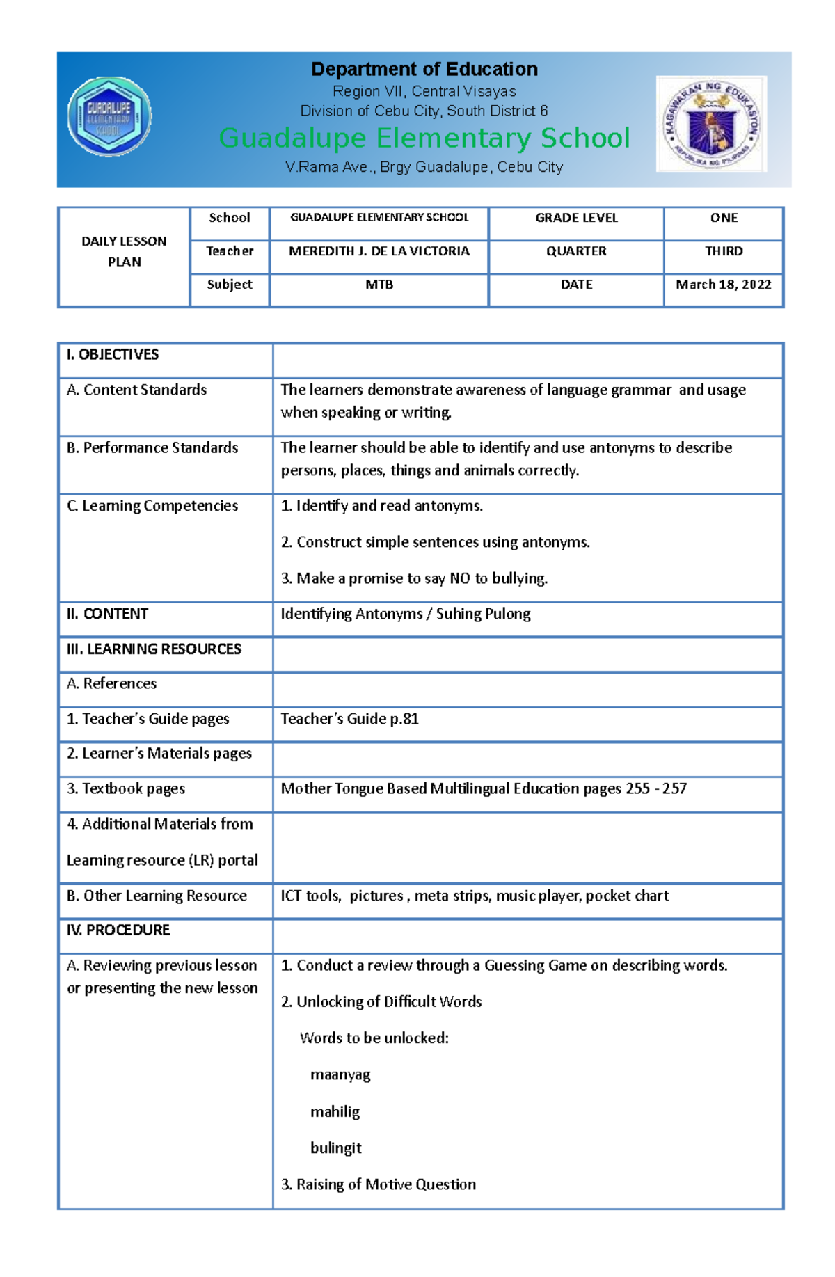 COT 3- MTB - COT - DAILY LESSON PLAN School GUADALUPE ELEMENTARY SCHOOL ...