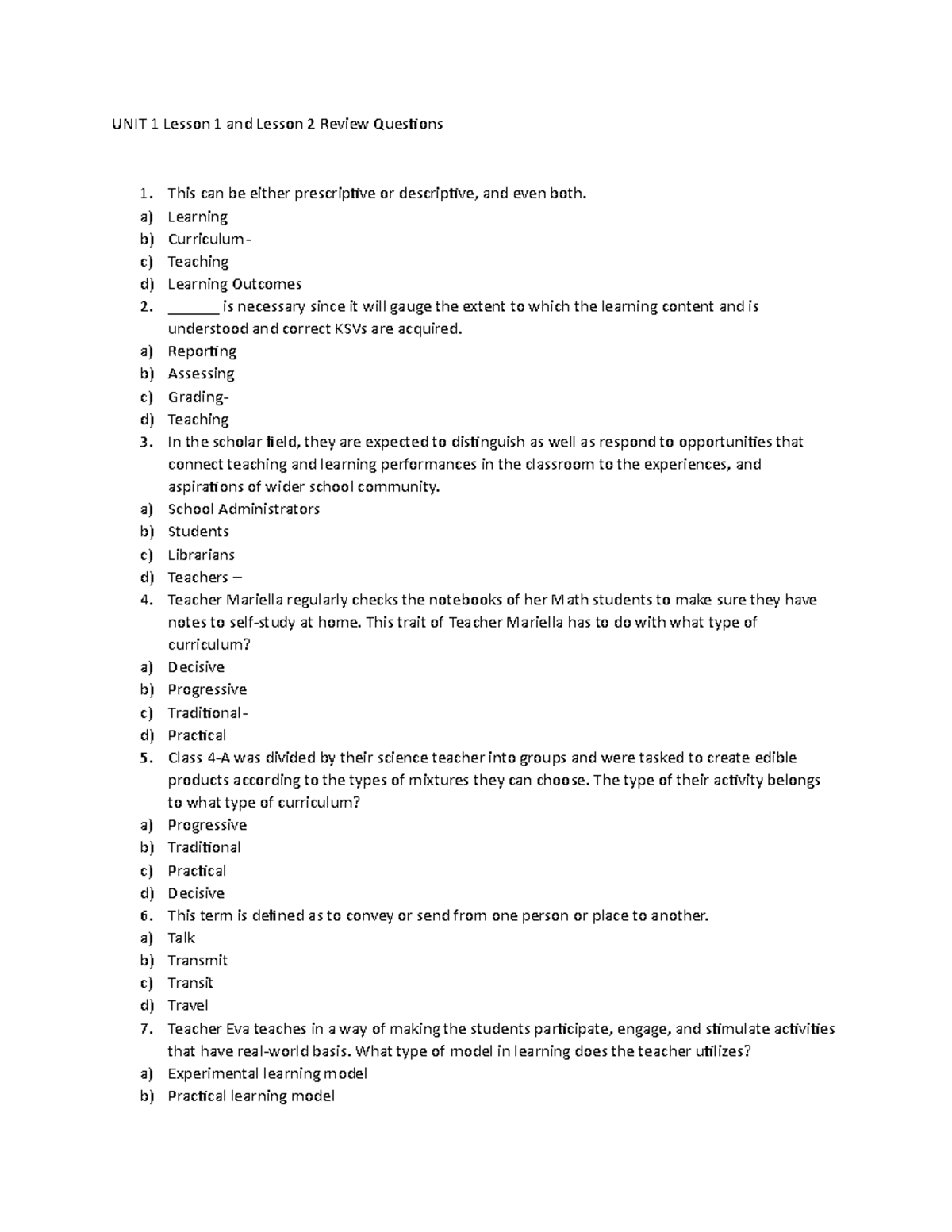 UNIT 1 Lesson 1 and Lesson 2 Review Questions - UNIT 1 Lesson 1 and ...