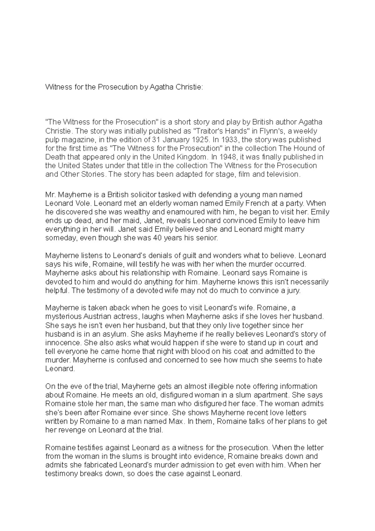 notes of legal englsih - Witness for the Prosecution by Agatha Christie ...