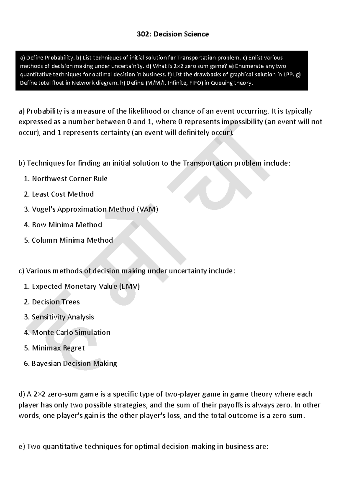 302Decision Science - 302: Decision Science a) Probability is a measure ...