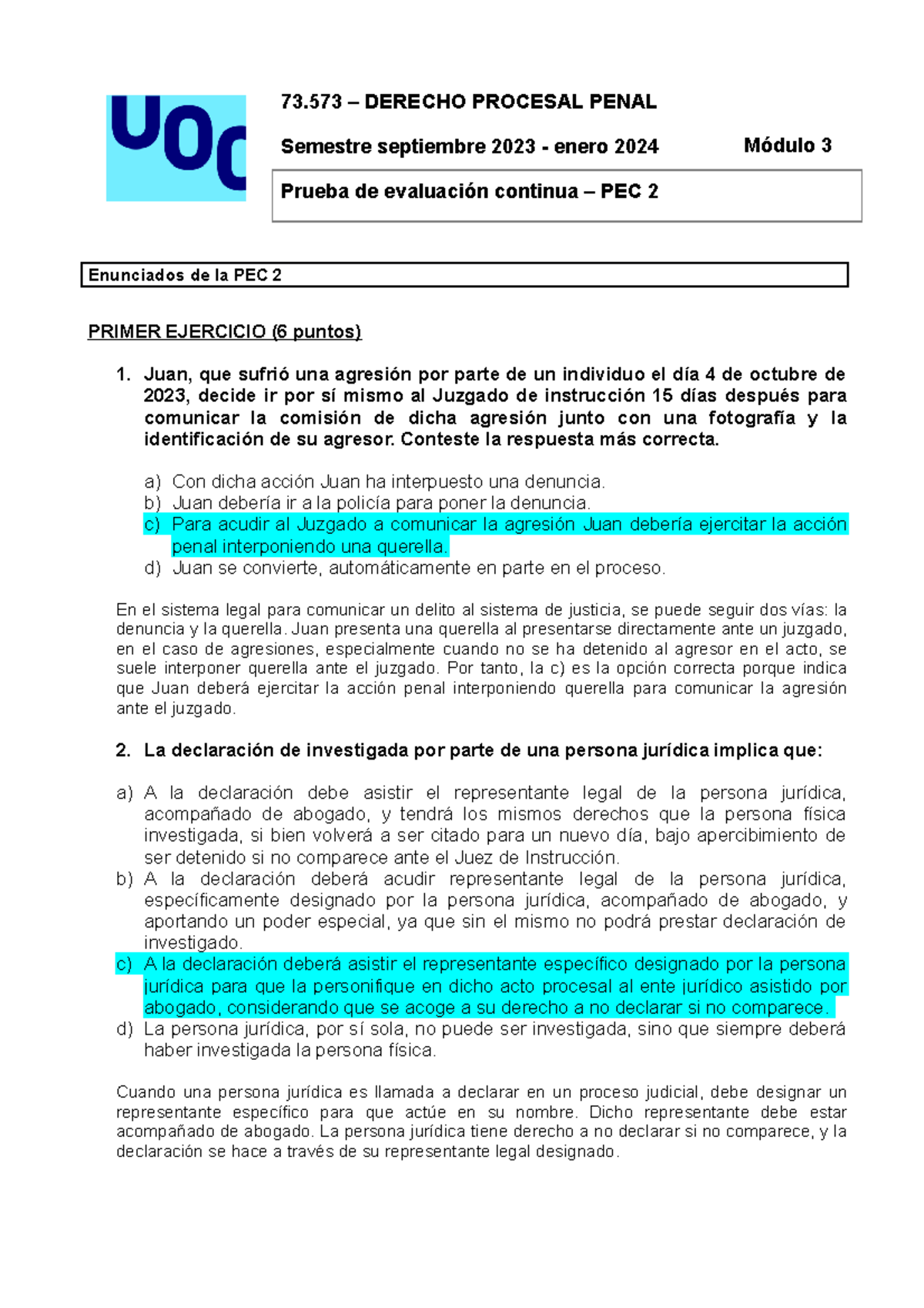 PEC 2 Procesal Penal - PEC 2 - 73 – DERECHO PROCESAL PENAL Semestre septiembre 2023 - enero 2024 ...