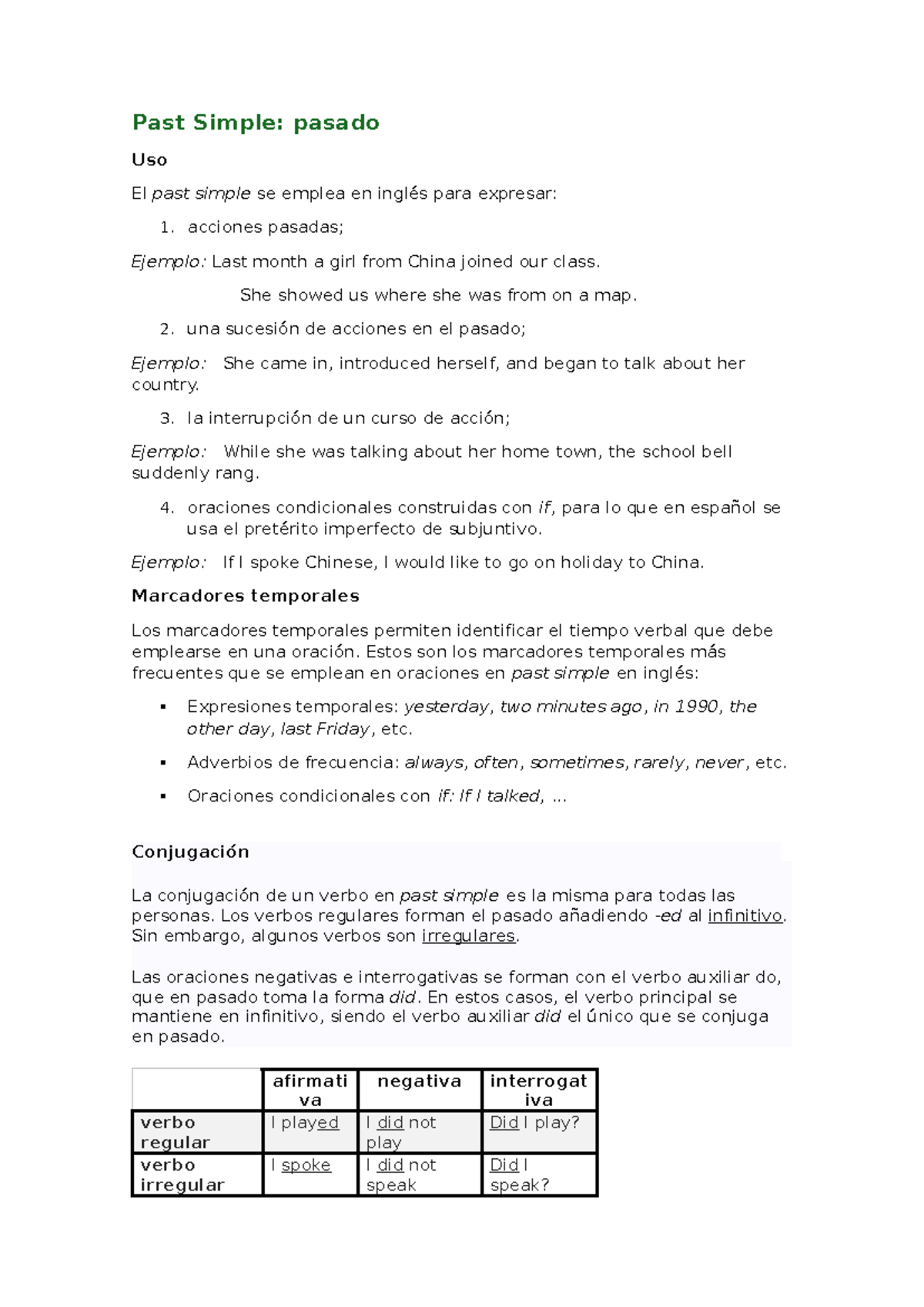 Apuntes ingles - grammar - Past Simple: pasado Uso El past simple se ...