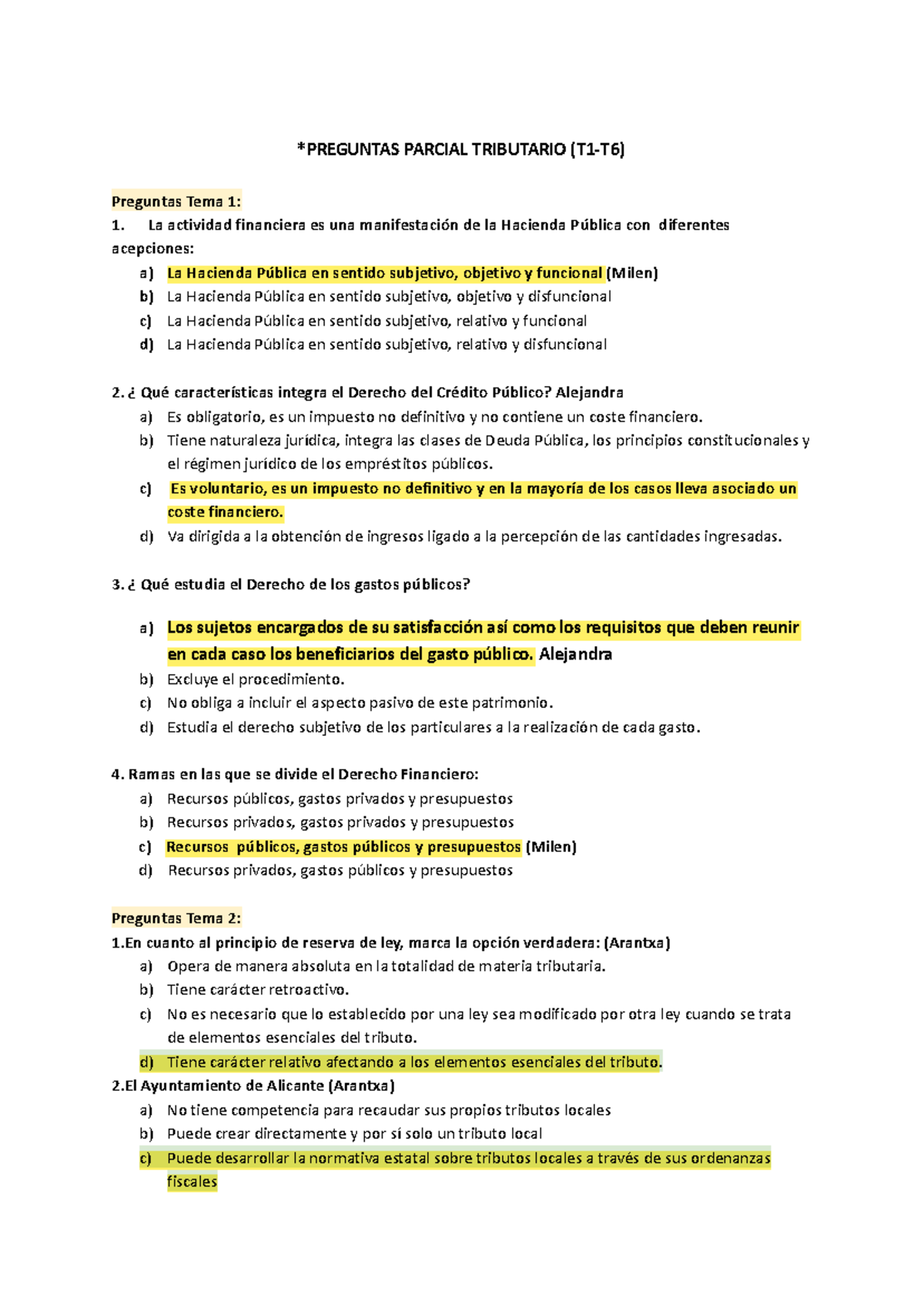 Preguntas Parcial Tributario CON Respuestas (T1-T6) 2 - *PREGUNTAS PARCIAL TRIBUTARIO (T1-T6 ...
