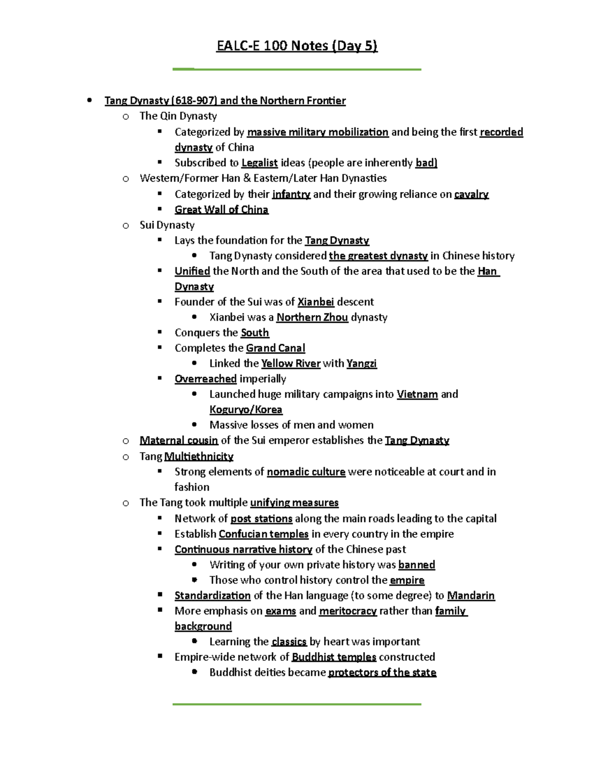 EALC-E 100 Notes (Day 5- Lecture) - EALC-E 100 Notes (Day 5) Tang ...