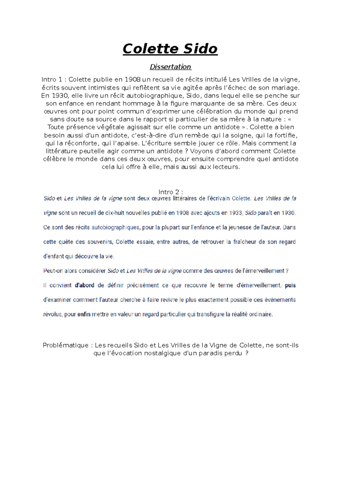 Dissertation - Colette Sido Dissertation Intro 1 : Colette publie en 1908 un recueil de récits ...