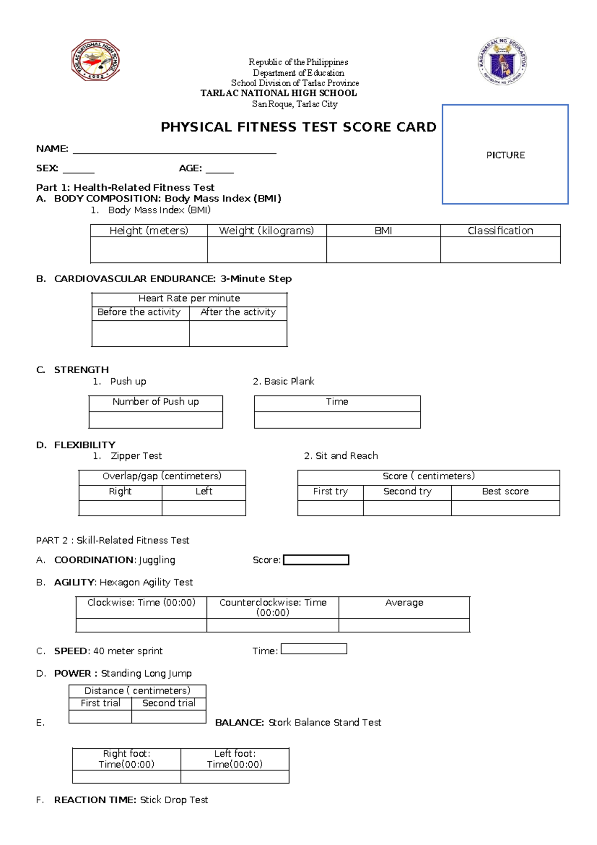 Physical Fitness TEST Score CARD - Republic of the Philippines ...
