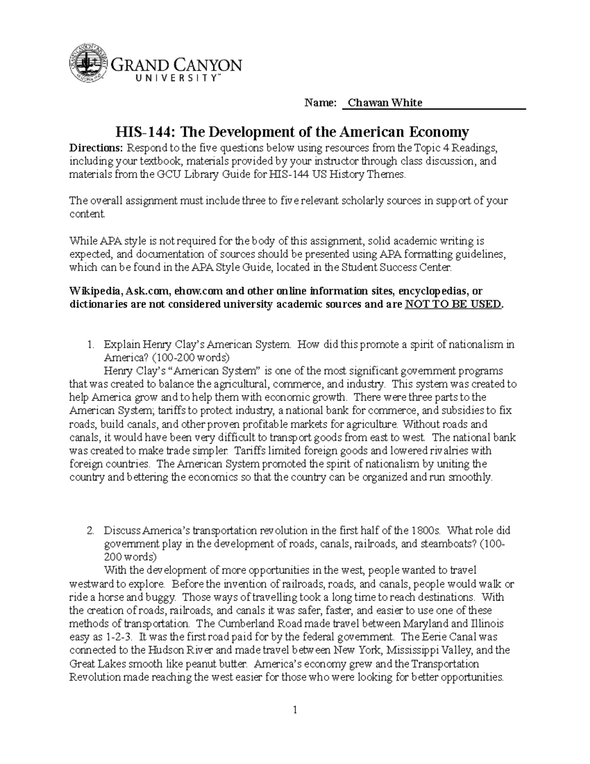 HIS-144 - topic four week four American Economy Worksheet - Name ...
