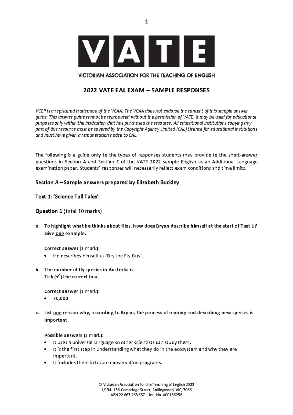 2022 VATE EAL Exam Sample Answers Final 0 - © Victorian Association for the Teaching of English ...