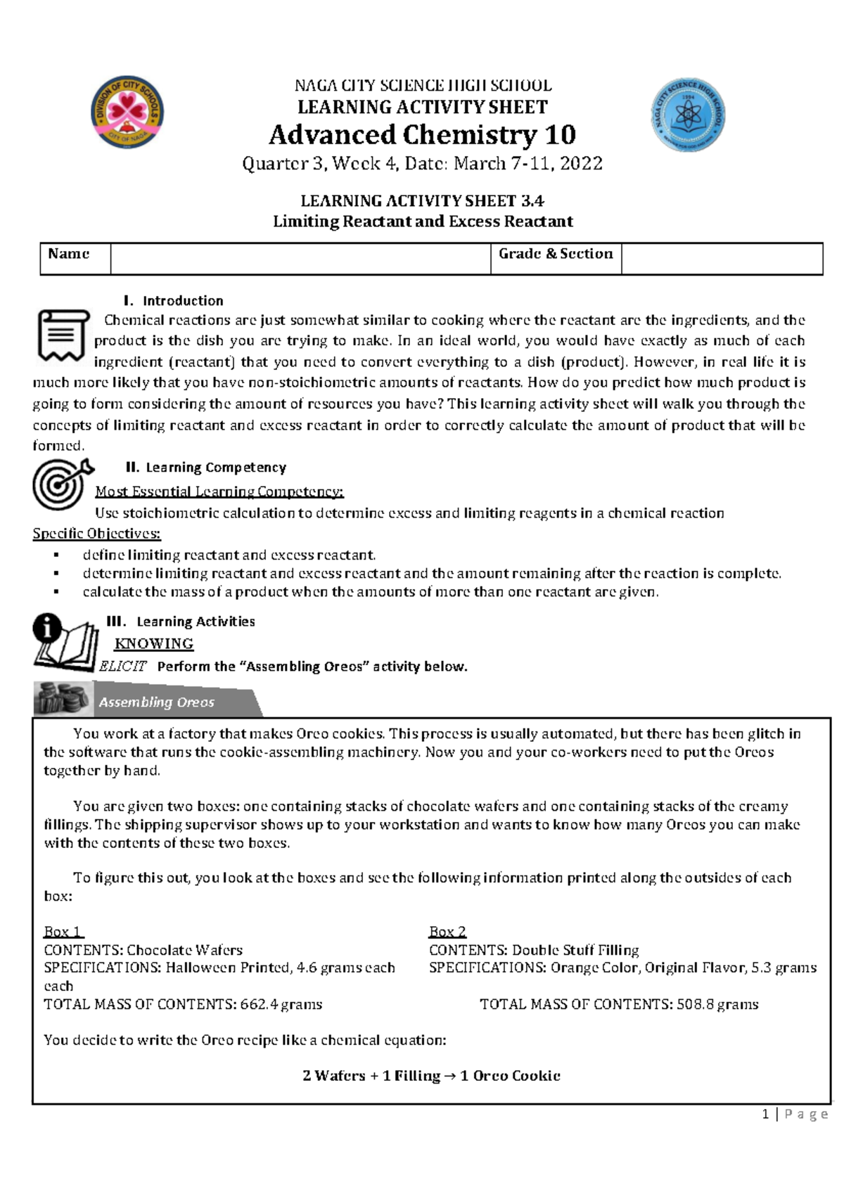Adv Chem LASWeek 4 - For Advanced Chem - 1 | P a g e Assembling Oreos ...